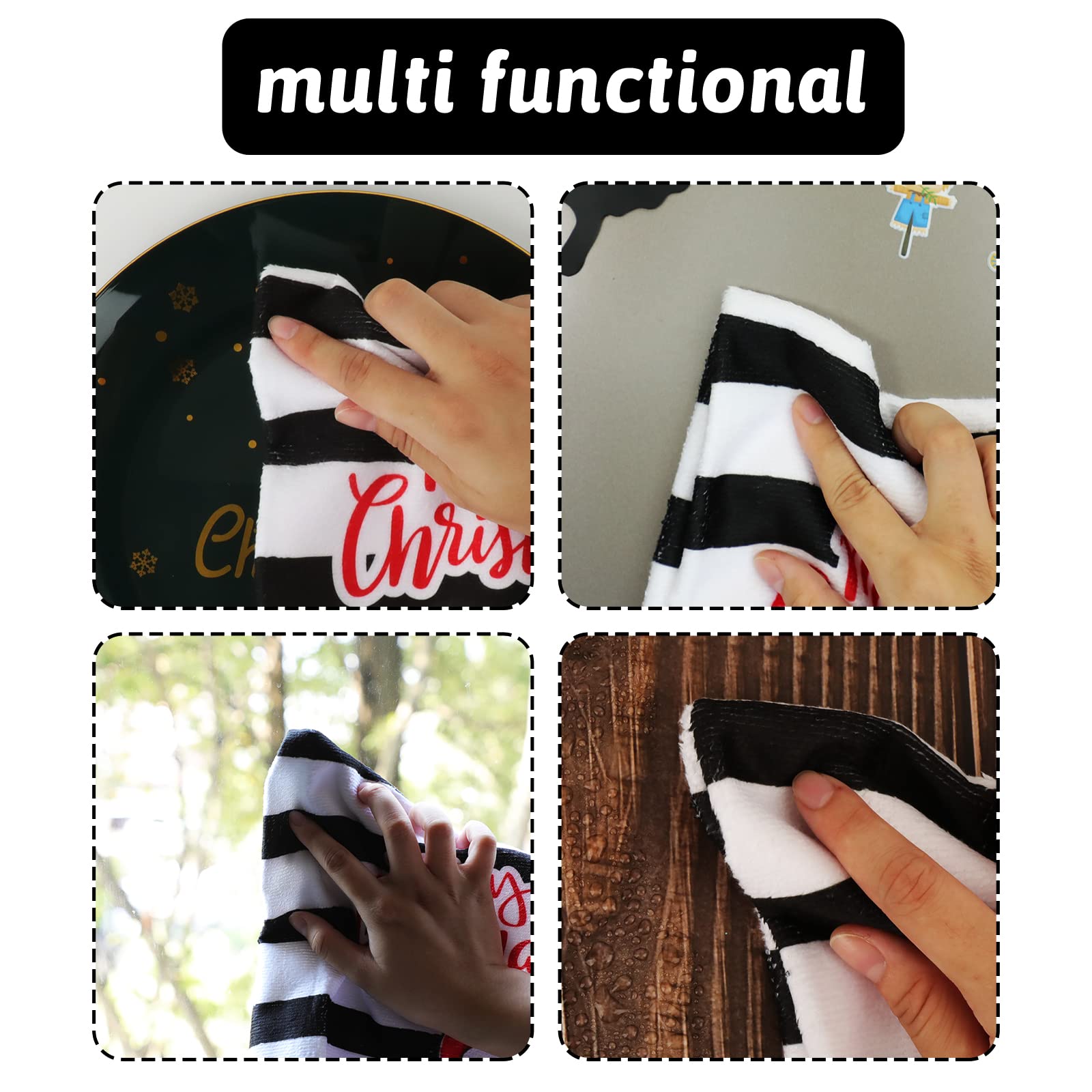 Christmas Kitchen Towels Black White Stripe Hand Towels Xmas Absorbent Dishcloths Winter Holiday Kitchen Decor Snowman Santa Dish Tea Towels Merry Bright Tea Towel for Home Kitchen Supplies 4PCS