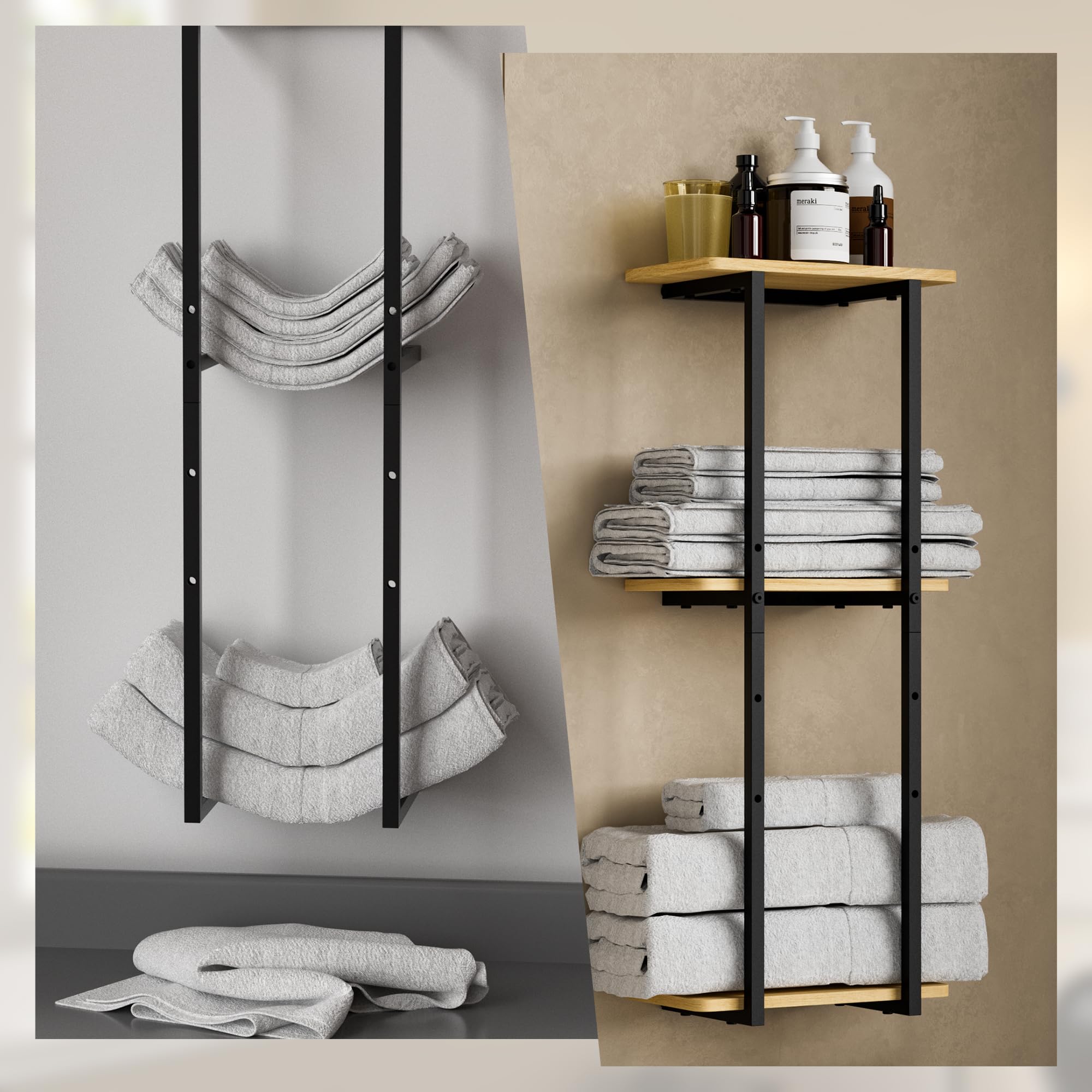 EYOCAL Towel Rack for Bathroom, Large Wall Mounted Metal Towel Holder Storage with Wood Shelf for Kitchen Living Room Bedroom(Black)