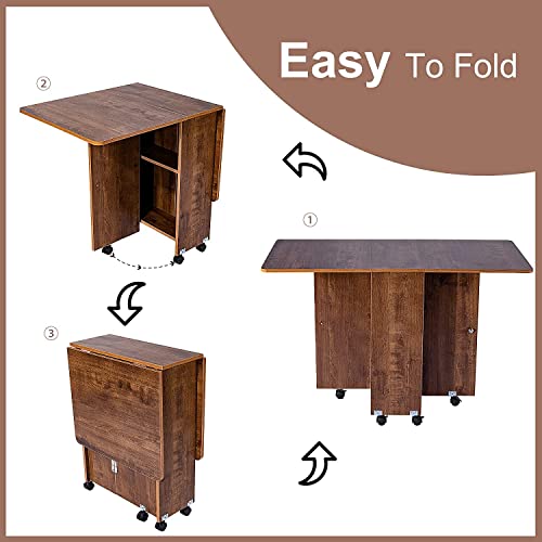 EazeHome Mobile Folding Dining Table, Versatile Dinner Table with 6 Wheels and 2 Storage Racks, Drop Leaf Table for Space Saving Extendable Kitchen Table, Brown Foldable Table