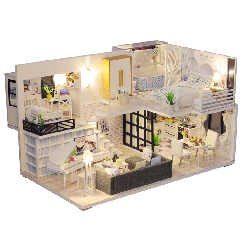 Fsolis DIY Dollhouse Miniature Kit with Furniture, 3D Wooden Miniature House with Dust Cover and Music Movement, Miniature Dolls House kit (M21)