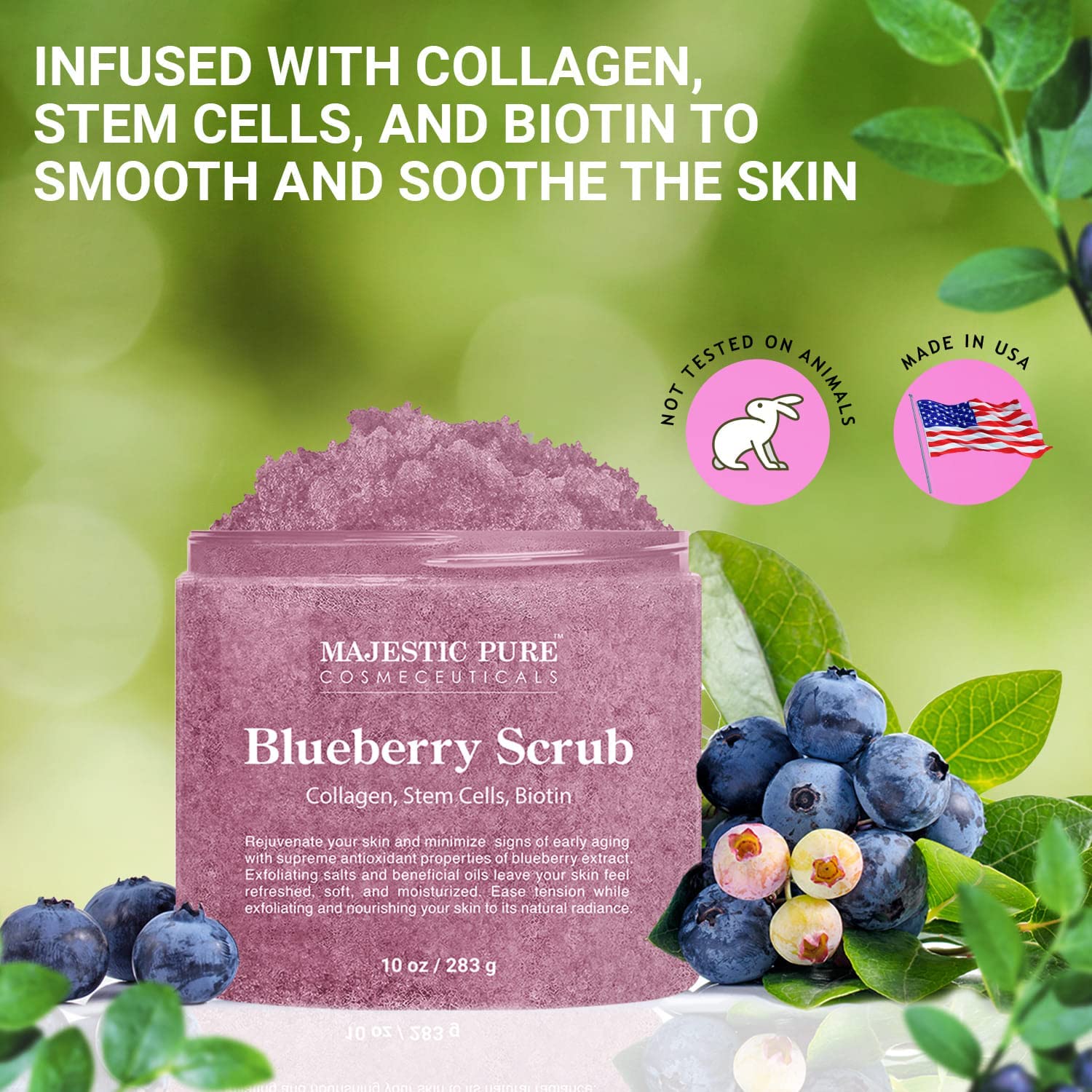 Majestic Pure Body Scrubs - Coffee Scrub, Himalayan Scrub, Blueberry Scrub, and Sweet Orange Scrub Bundle, 10 oz each