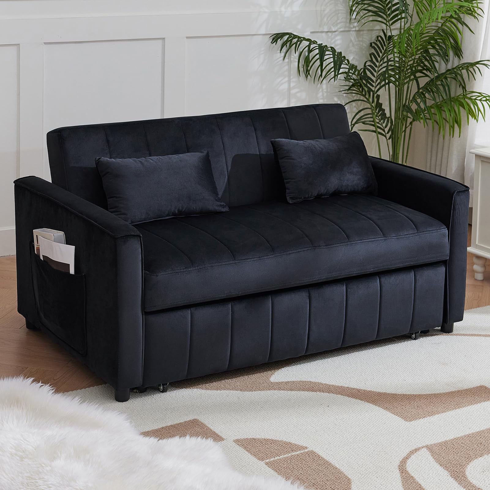 ECHINGLE 55.51" Convertible Sofa Bed, 3-in-1 Sleeper Sofa with Pullout Bed, Velvet Sofa cama with Adjustable Backrest and Side Pocket & 2 Pillows, Modern Futon Couch for Living Room, Bedroom(Black)
