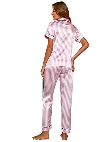 Floerns Women's Printed Two Piece Short Sleeve Sleepwear Long Pants Pajamas Sets Pink White Striped M