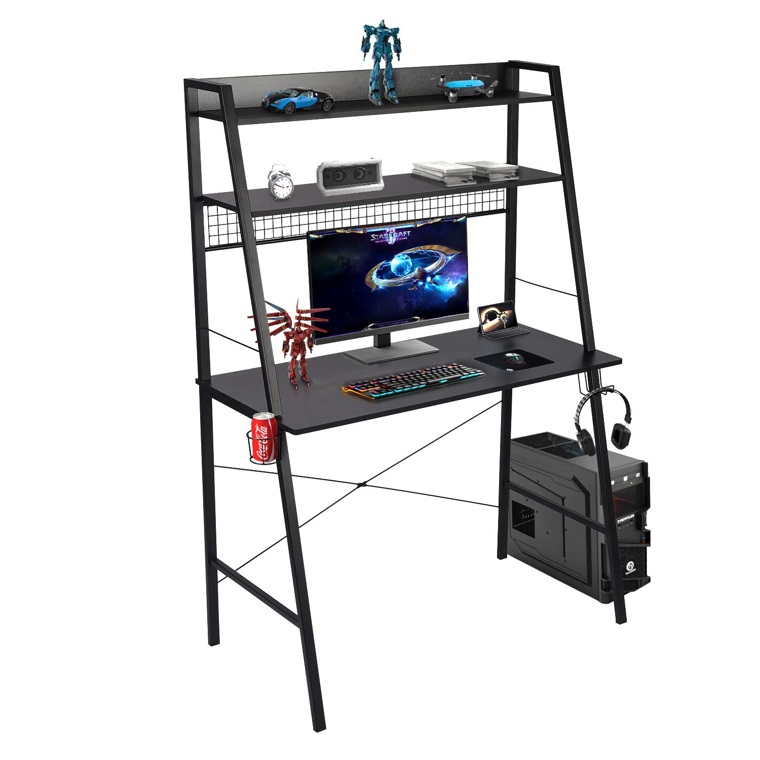 LYNSLIM Gaming Desk – 43” Computer Table for Home Office Gamer Workstation with Storage Shelf,Cup Holder and Headphone Hooks (Black, 43")