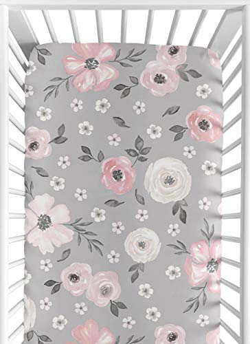 Sweet Jojo Designs Grey Watercolor Floral Girl Fitted Crib Sheet Baby or Toddler Bed Nursery - Blush Pink Gray and White Shabby Chic Rose Flower Farmhouse