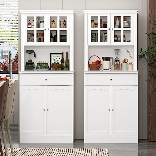 ECACAD Kitchen Pantry with 4 Doors, Drawer & Adjustable Shelves, Wood Storage Cabinet with Acrylic Doors, Freestanding Kitchen Cupboard Floor Cabinet for Living Room, White (29.9โW x 16.9โD x 72.3โH)