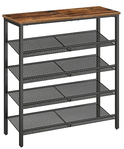 HOOBRO Shoe Rack, 5-Tier Shoe Storage with Adjustable Mesh Shelves, 16-20 Pairs of Shoes, Stable and Durable, Spacious Top, Freestanding, Metal, Industrial, for Entryway, Closet, Rustic Brown BF12XJ01