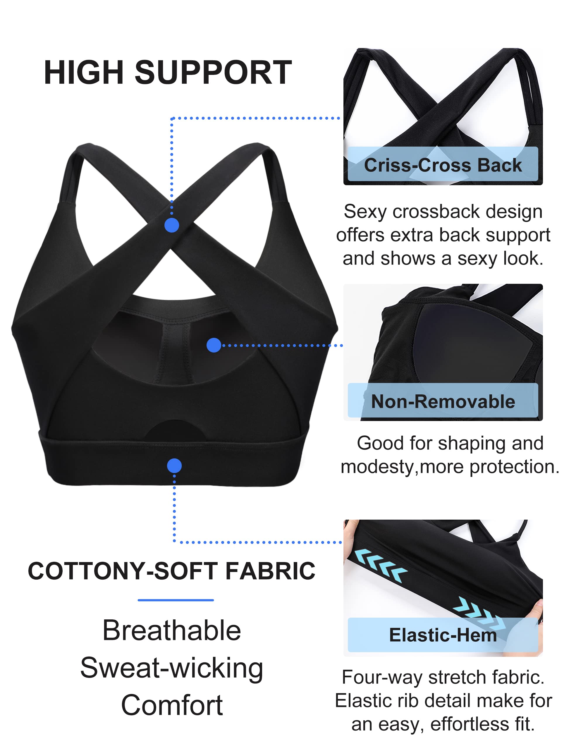 Blooming Jelly Womens Sports Bras High Support Yoga Bra Criss Cross Back Workout Tank Tops Black