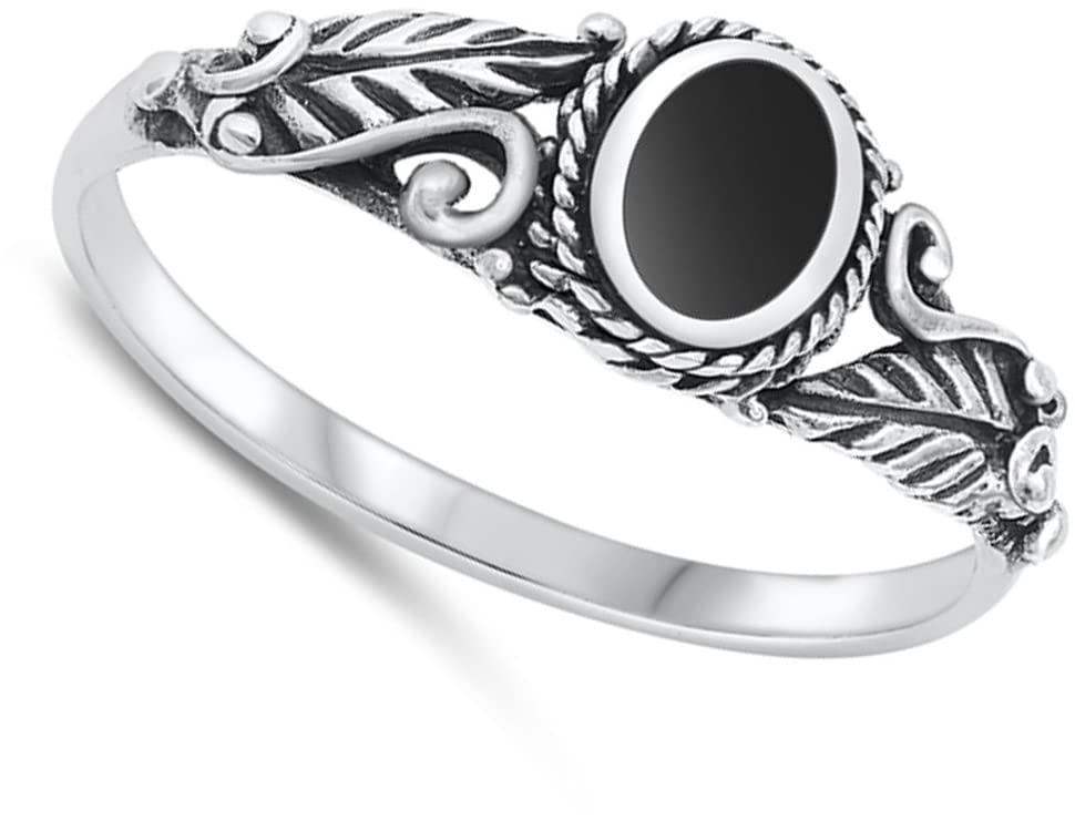 Bali Leaf Cute Simulated Black Onyx Classic Ring New .925 Sterling Silver Band Size 8