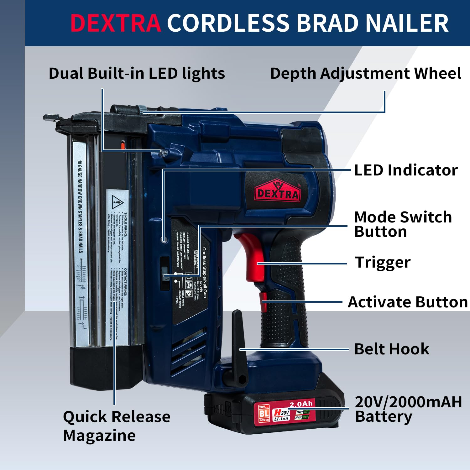 Dextra Cordless Electric Nail Gun 20V, 18 Gauge 2 in 1 Cordless Nail Gun/Staple Gun, Battery Powered with 2.0Ah, Fast Charger,Brushless Motor,Staples and Nails for Trim,Carpenter,Upholstery