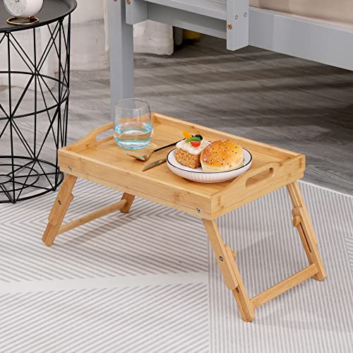 JESSILIN HOME 2 Pack Bamboo Bed Tray Table, Breakfast Tray with Folding Adjustable Legs, Food Tray with Handles, Whole Bamboo
