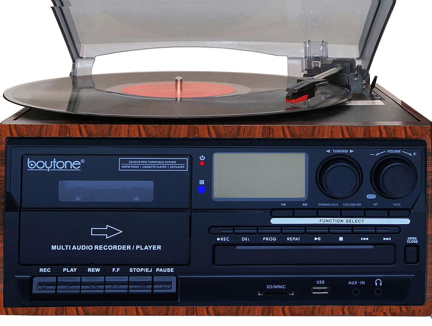 Boytone BT-28MB, Bluetooth Classic Style Record Player Turntable with AM/FM Radio, CD/Cassette Player, 2 Separate Stereo Speakers, Record from Vinyl, Radio, and Cassette to MP3, SD Slot, USB, AUX