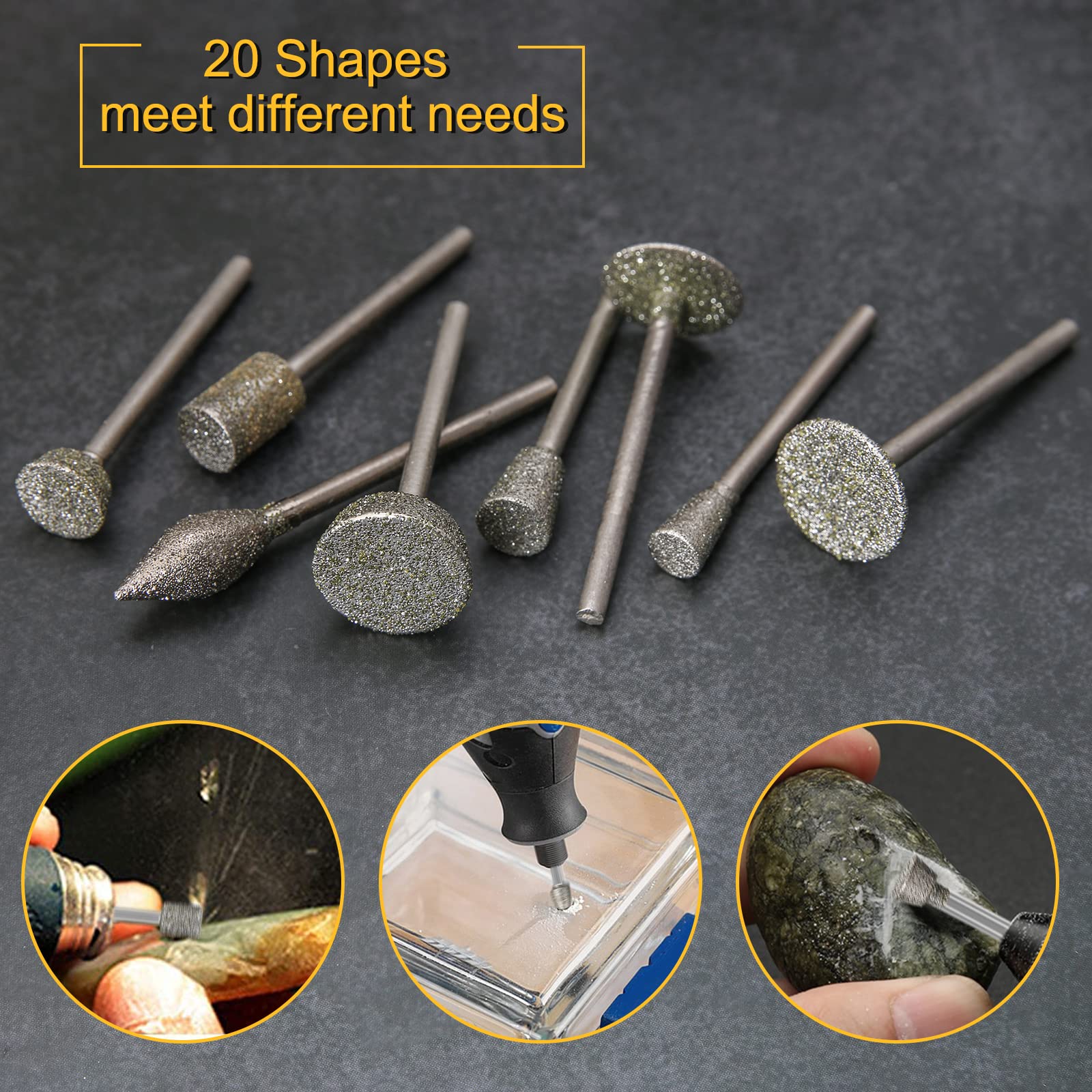 Diamond Burr Set for Dremel, Rotary Tool Grinding Cutting Wheel Stone Glass Tile Jewelry Engraving Rock Etching Masonry 1/8β Die Grinder Carving Cutter Metal Engraver Kit - 32pc Set