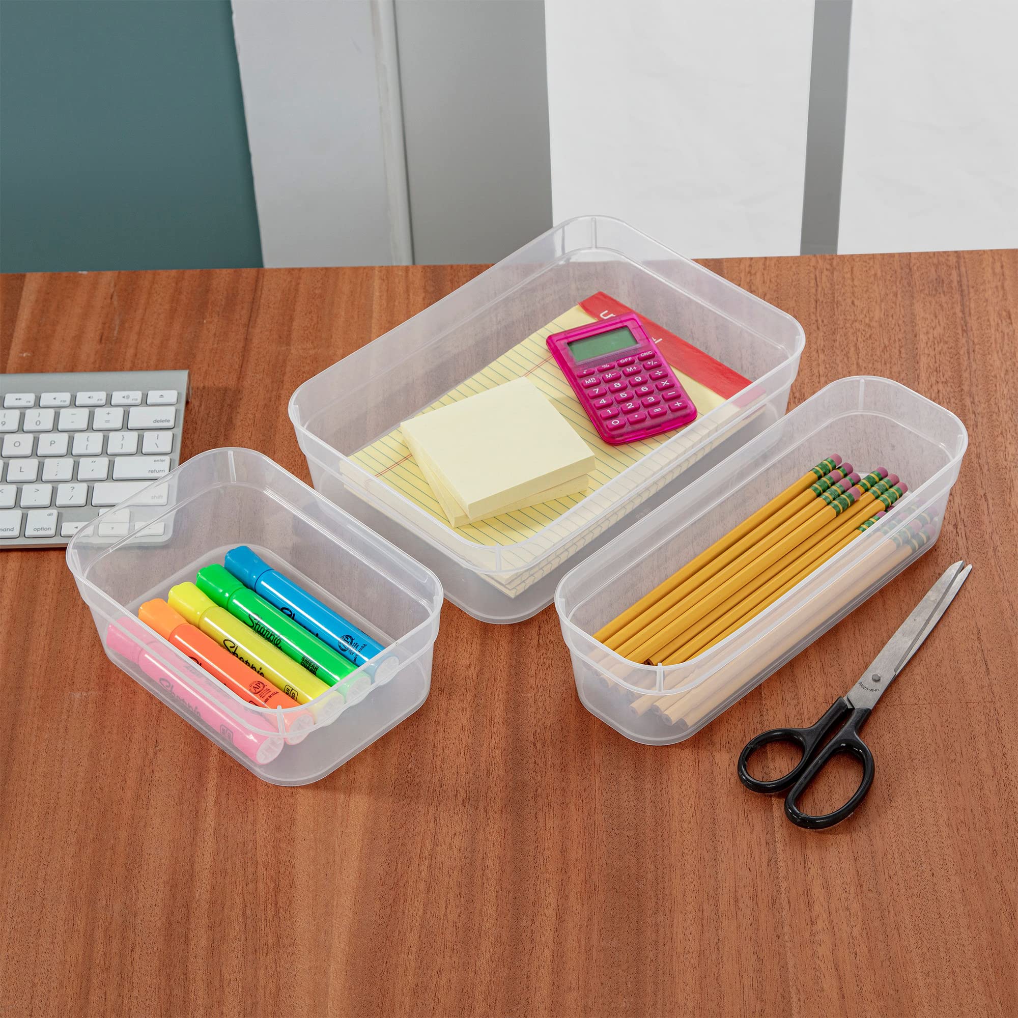 Sterilite 13558608 Medium Storage Trays with Sturdy Banded Rim and Textured Bottom for Desktop and Drawer Organizing, 3-Pack, Clear