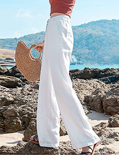 Hooever Womens Casual High Waisted Wide Leg Pants Button Up Straight Leg Trousers(White-L)