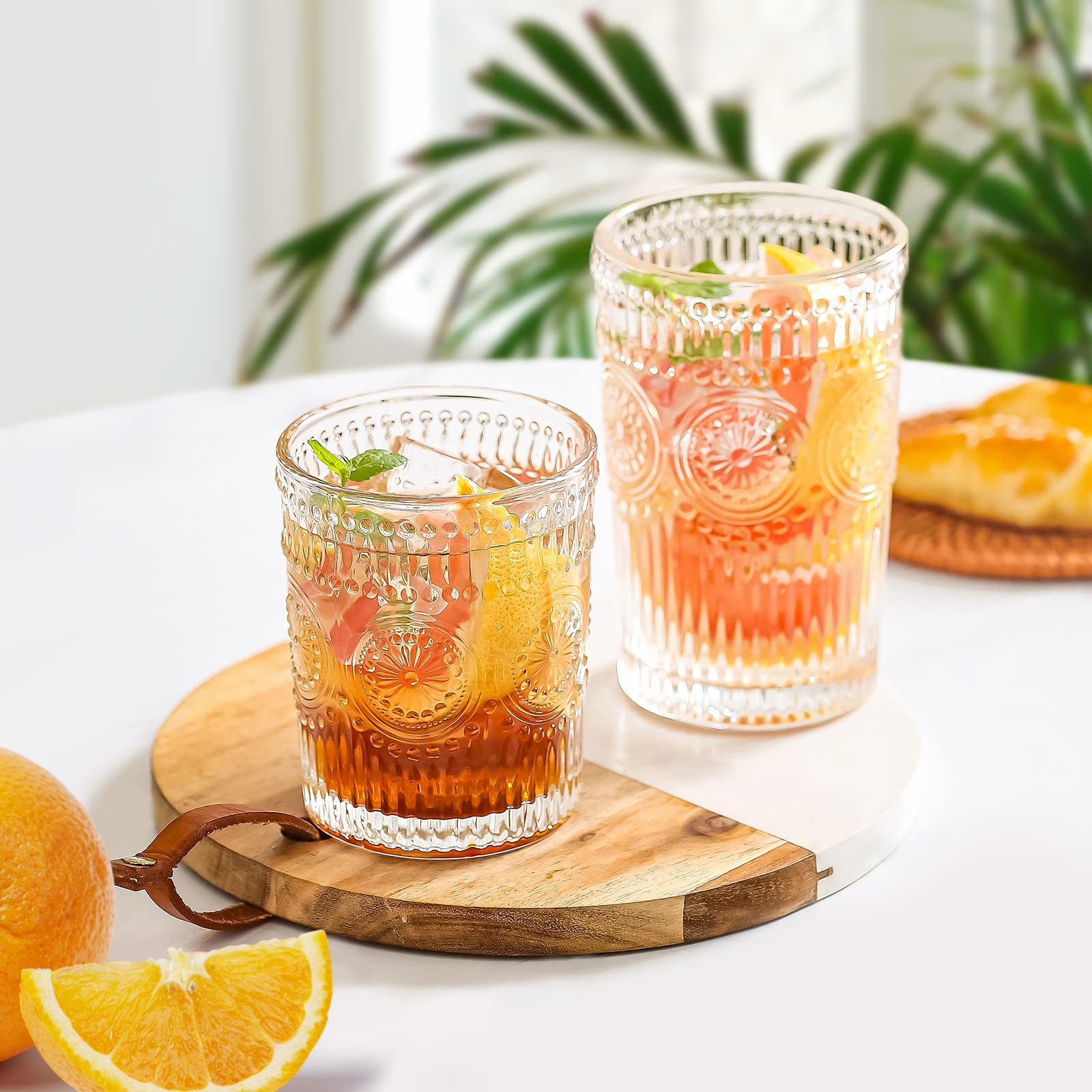 BOATDID Vintage Drinking Glasses Tumbler Set of 6,Embossed Water Glasses Cocktail,Juice,Beer,Iced Coffee,Clear Glassware for Kitchen,Thick & Heavy Glass Highball Glasses with Heavy Base 12oz/9oz
