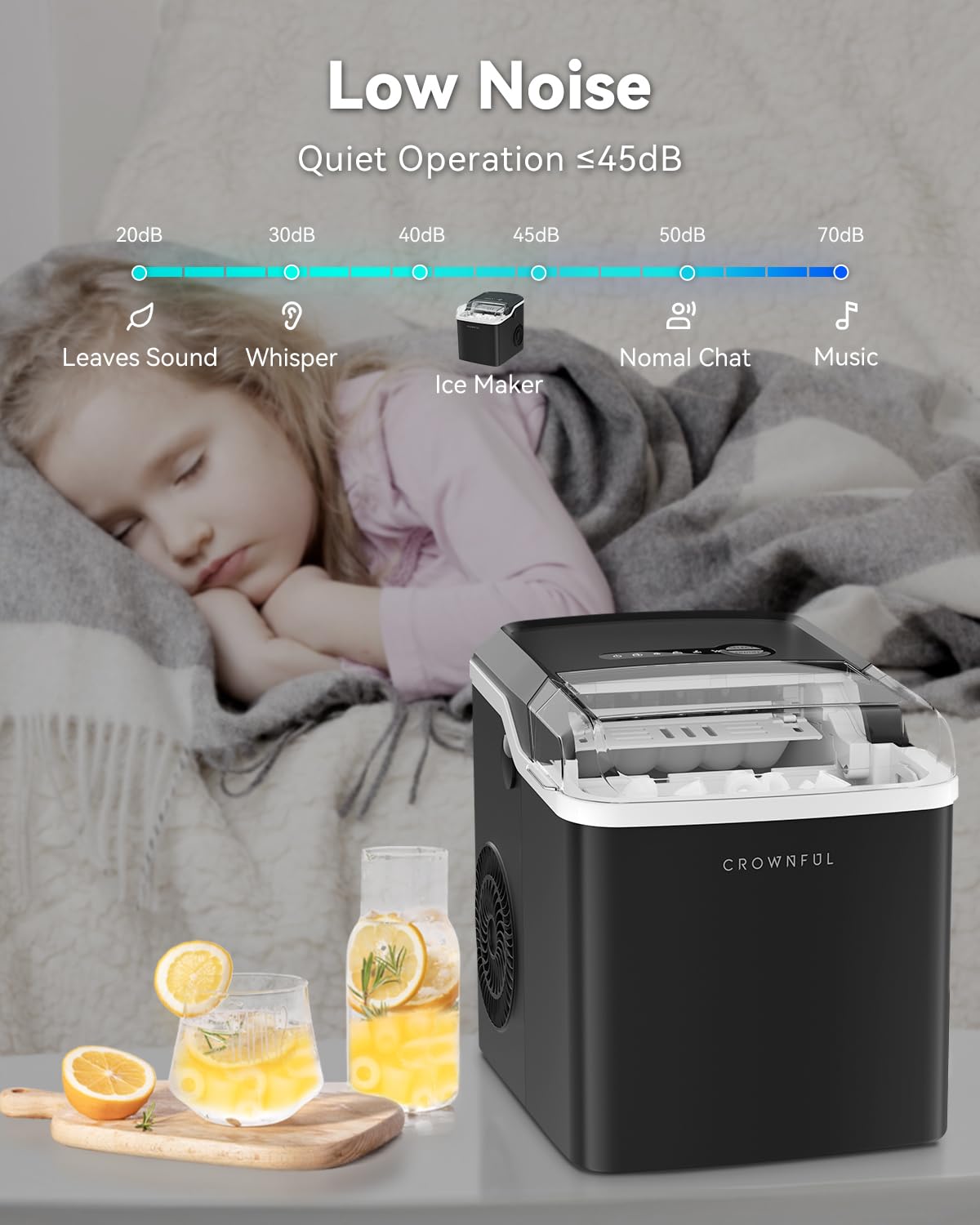 CROWNFUL Ice Maker Machine for Countertop, 9 Bullet Ice Cubes S/L Ready in 7 Minutes, 26lbs/24H, Auto self-Cleaning, Portable Small Ice Maker with Scoop and Basket, Silver
