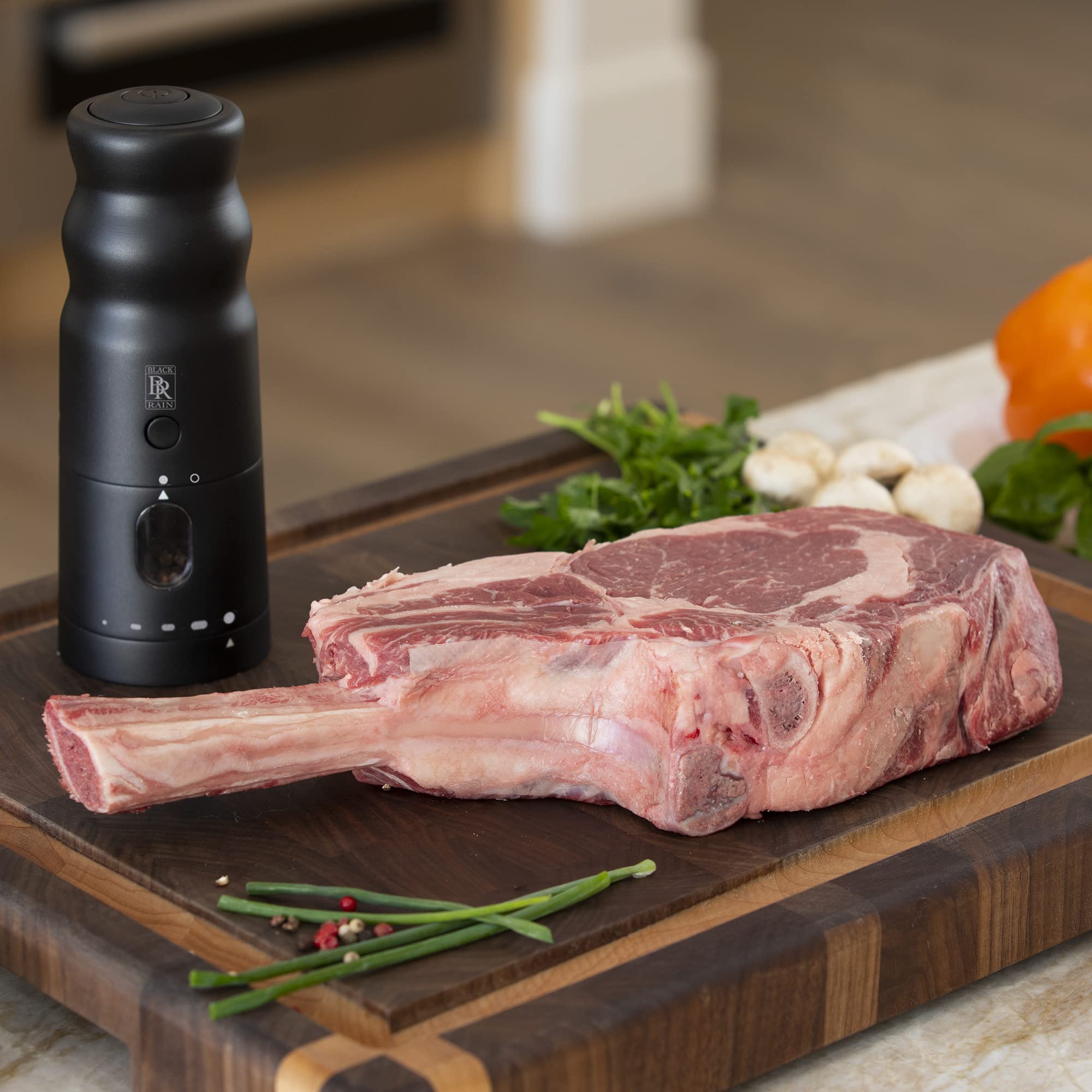 BLACK RAIN Pepper Mill Grinder - High Pepper Volume Automatic Peppercorn Grinder w/Built-in LED Lighting - Sturdy Aluminum Electric Pepper Grinder w/Rechargeable Lithium Battery (Matte Black)