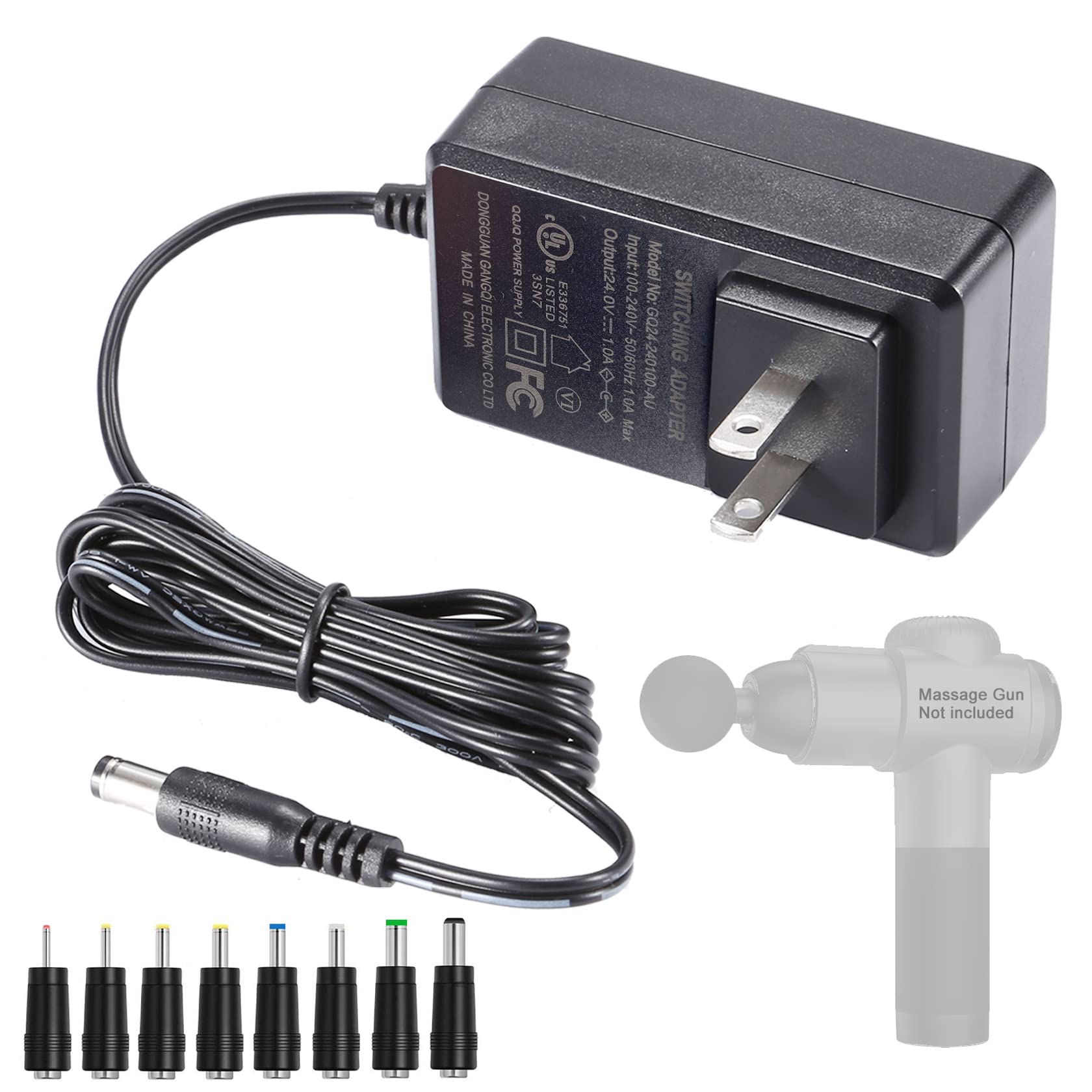 Massage Gun Charger with 8pcs DC Header, 24V/1A Massage Gun Charger Output: DC 24V or 25.2V-0.6A Massage Gun Power Cord Muscle Blaster