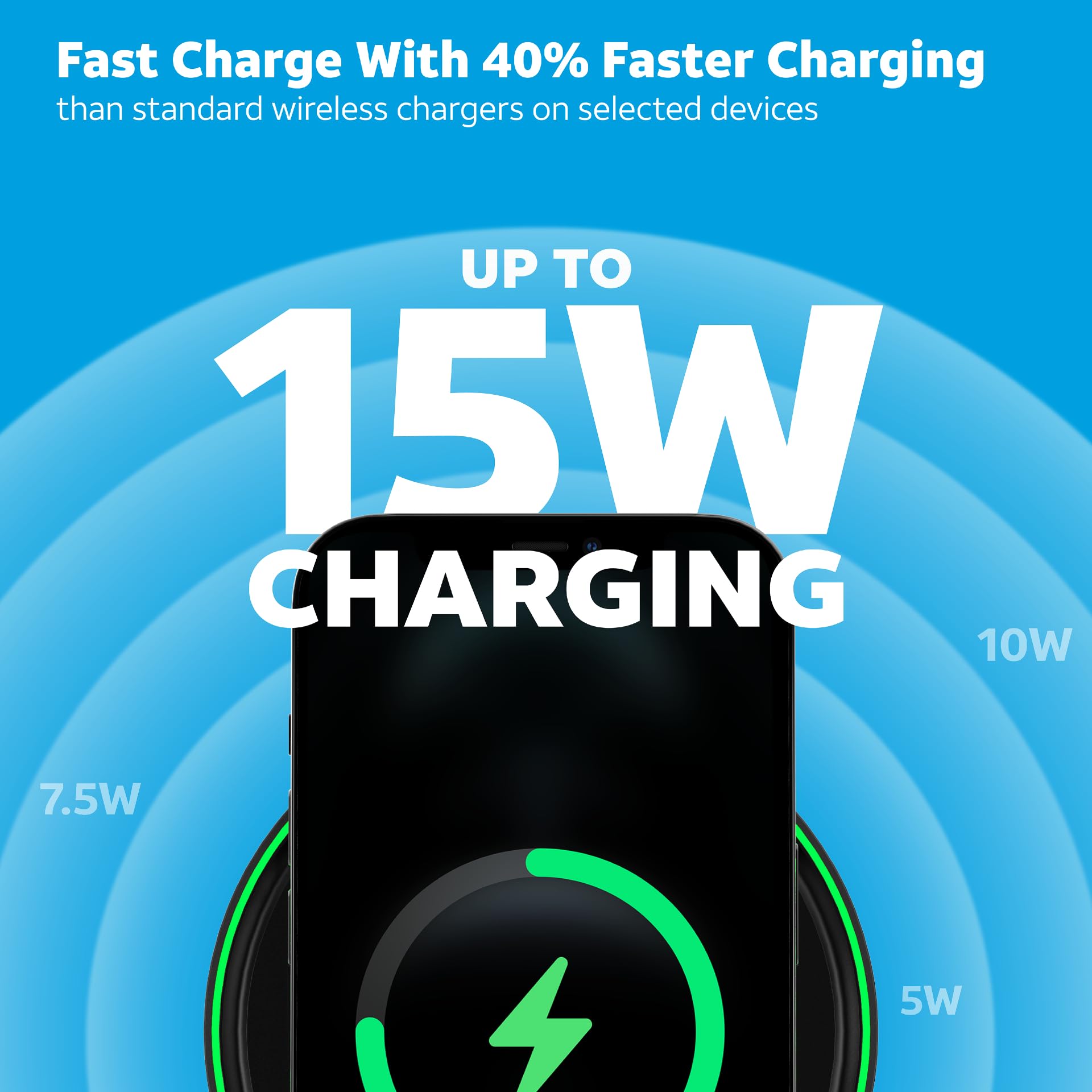 AT&T 15W Premium Wireless Charging Pad for Apple iPhone, Google Pixel, and Samsung Galaxy with Type C to C Cable (Black)