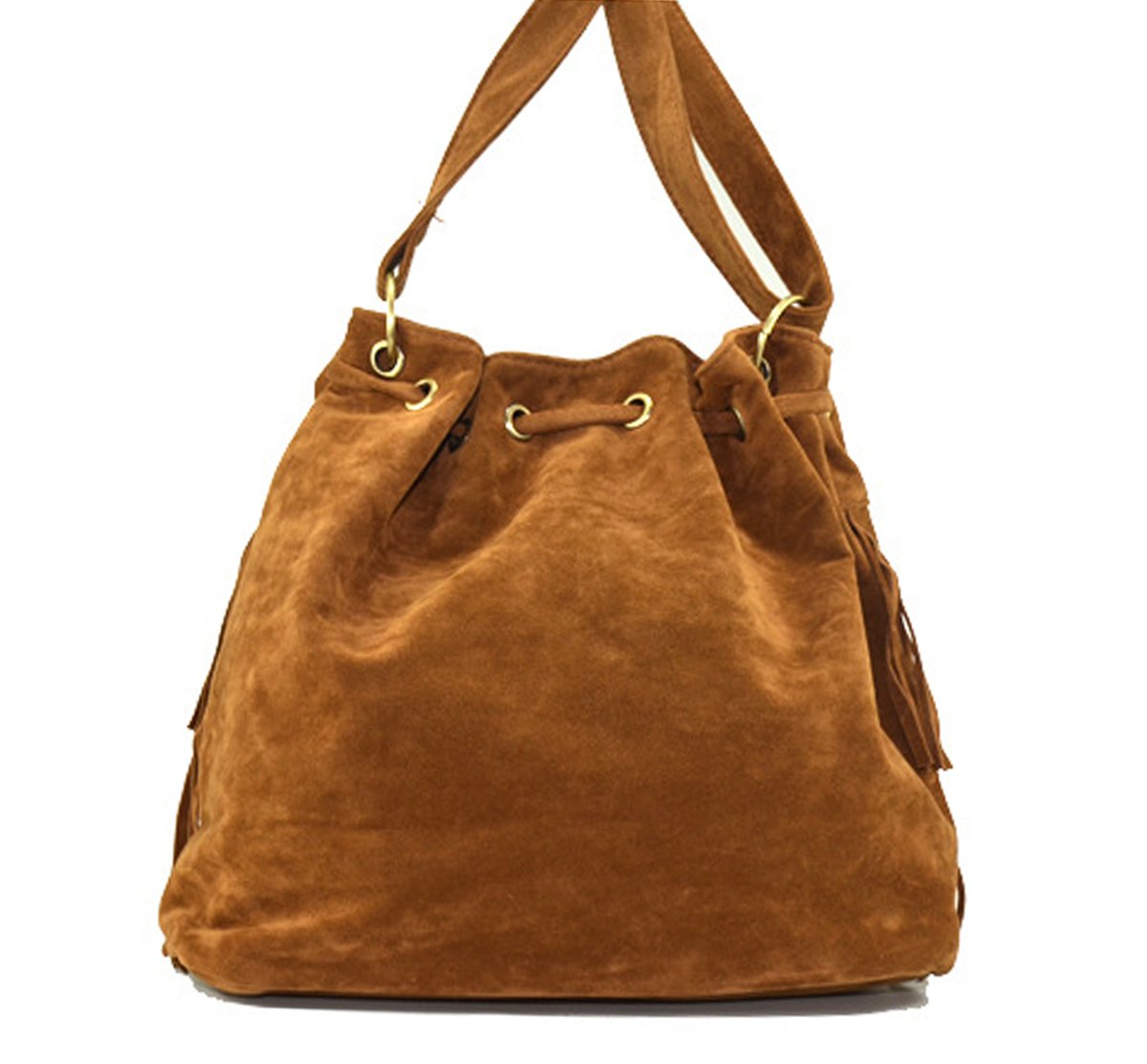 Heidi Bag Women's Fringed Bucket Purse Tassel Faux Suede Shoulder Bag Ring Top-Handle Crossbody Bag (brown)
