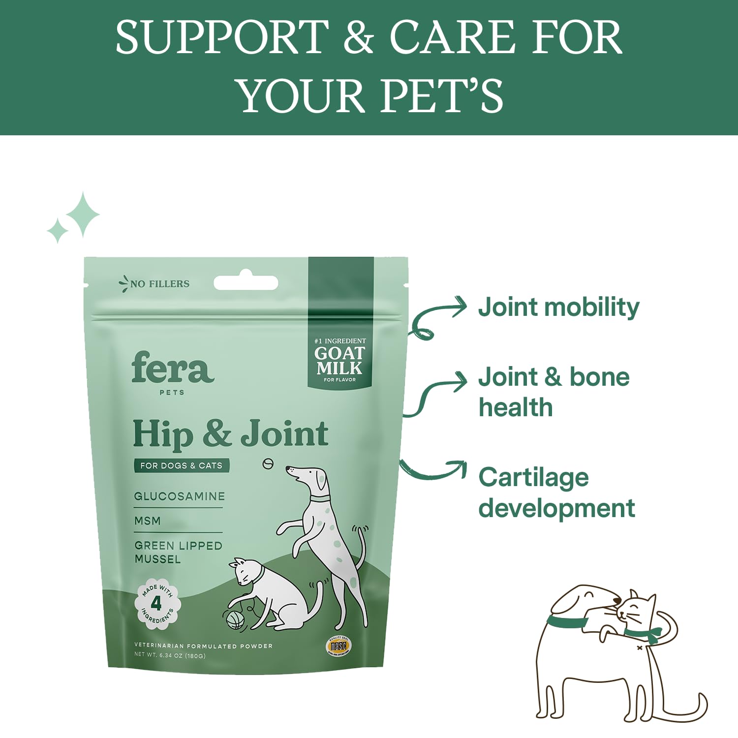 Fera Pet Organics Hip & Joint Goat Milk Cat & Dog β Vet Created - Joint Supplement for Dogs & Cats β Glucosamine for Dogs & Cats, MSM- 60 Servings