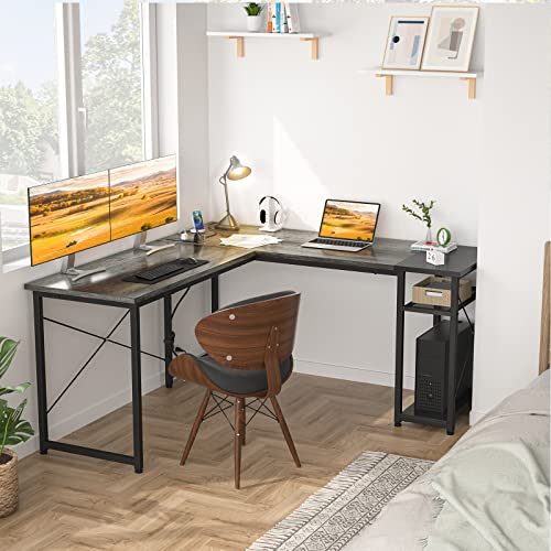 Ecoprsio L-Shaped Desk with Power Station and USB, Large L Shaped Gaming Desk with Storage Shelves Industrial Corner Desk Writing Study Table for Home Office Gaming Workstation, Oak and Black