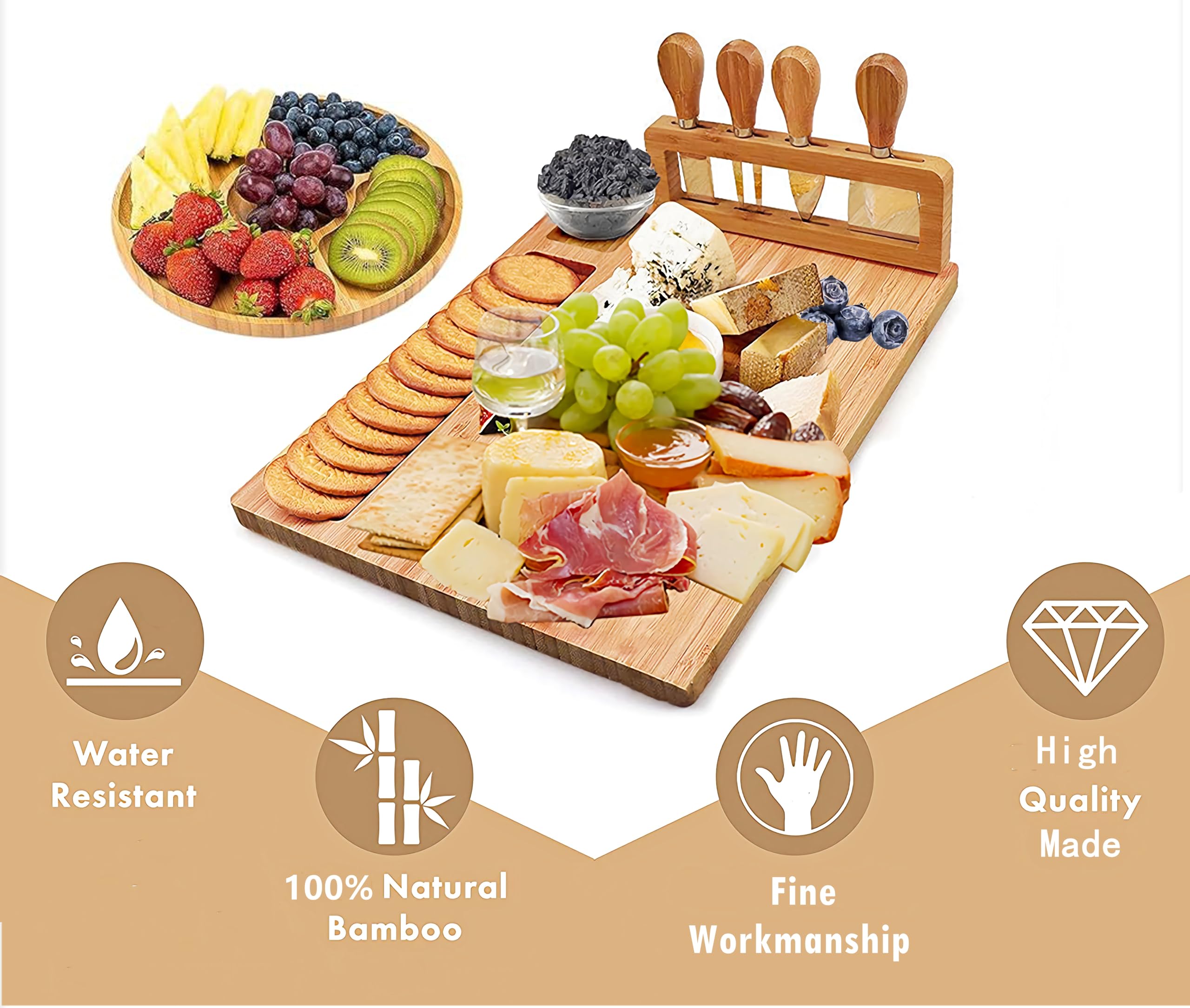 Cheese Board and Knife Set,Bamboo Charcuterie Board Set with Round Tray,Cheese Platter Serving Tray,Cheese Plate Set,Perfect, Birthday,Housewarming