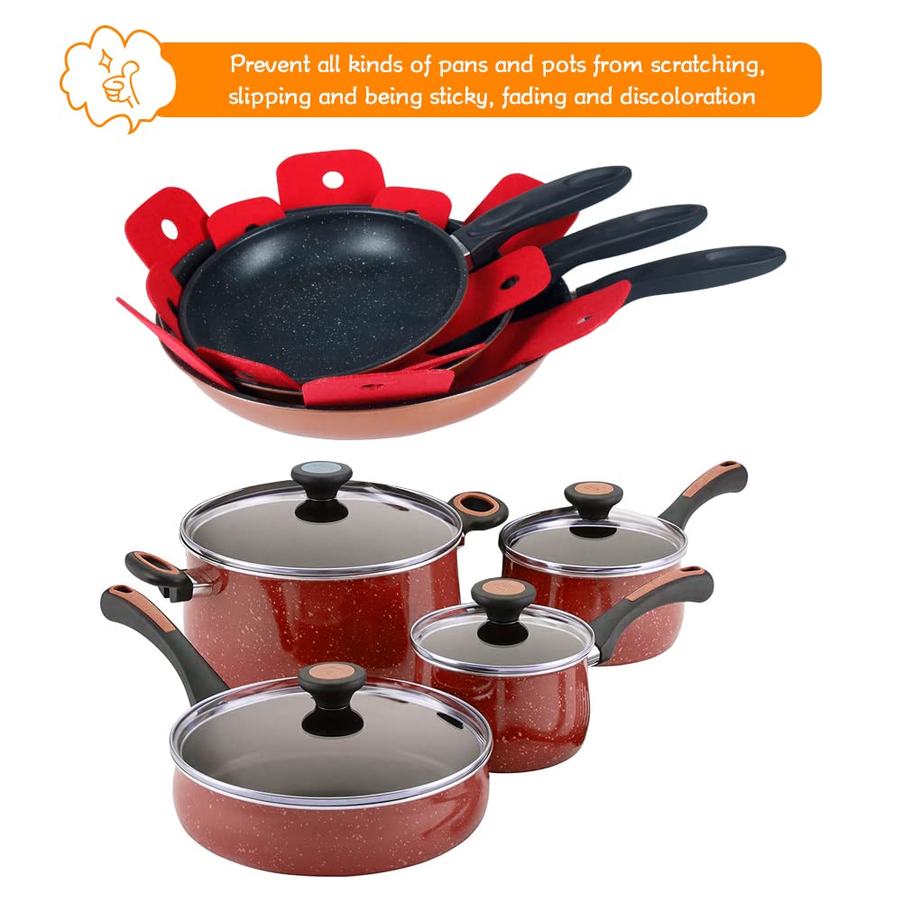 BYKITCHEN Pot Pan Protectors, Larger & Thicker Red Stacking Pot Protectors, Set of 8 and 4 Different Sizes, Pan Pot Separator Pads for Stacking and Protecting Your Cookware(10/12/14/16inch)