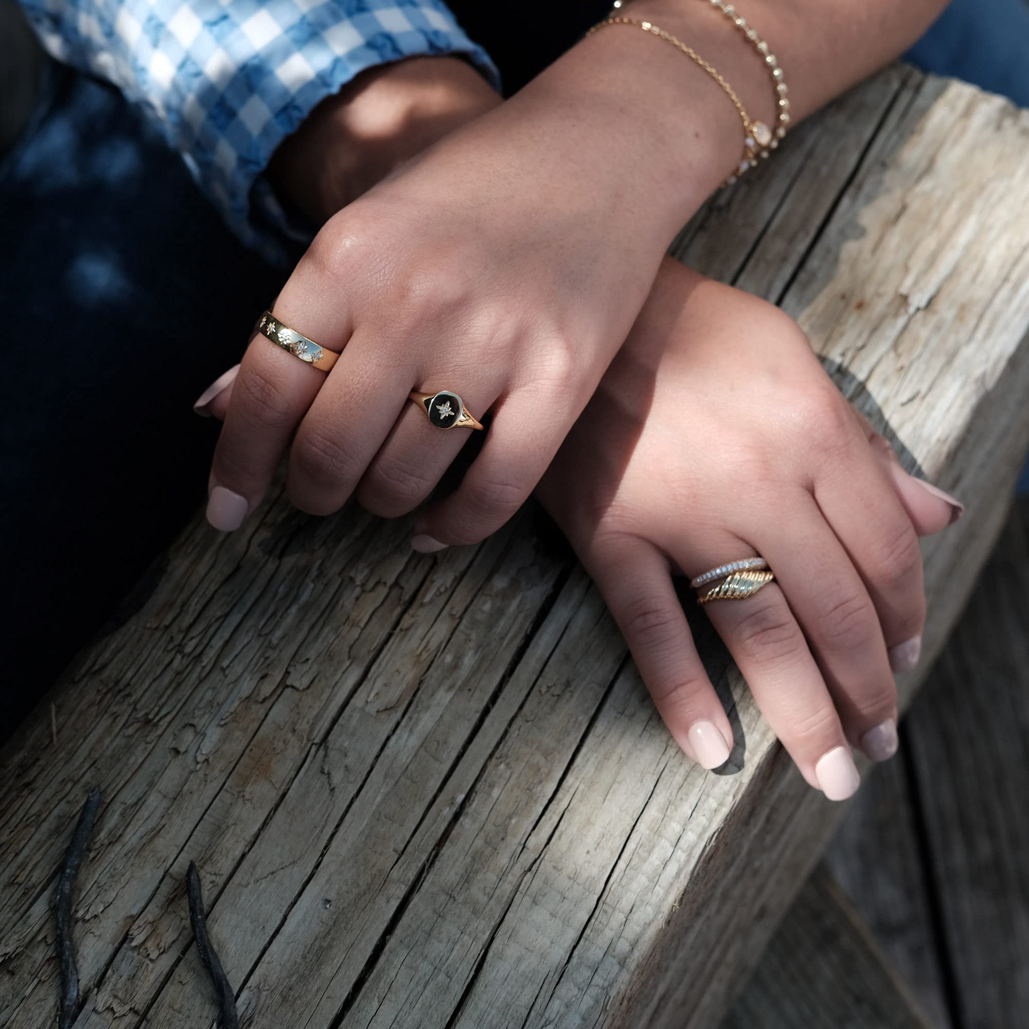 BLOSSOM & HUE Womens Signet Ring | Star Set North Star Polaris | Thin Band Statement - Ring 18K Gold Plated | Size 8 |