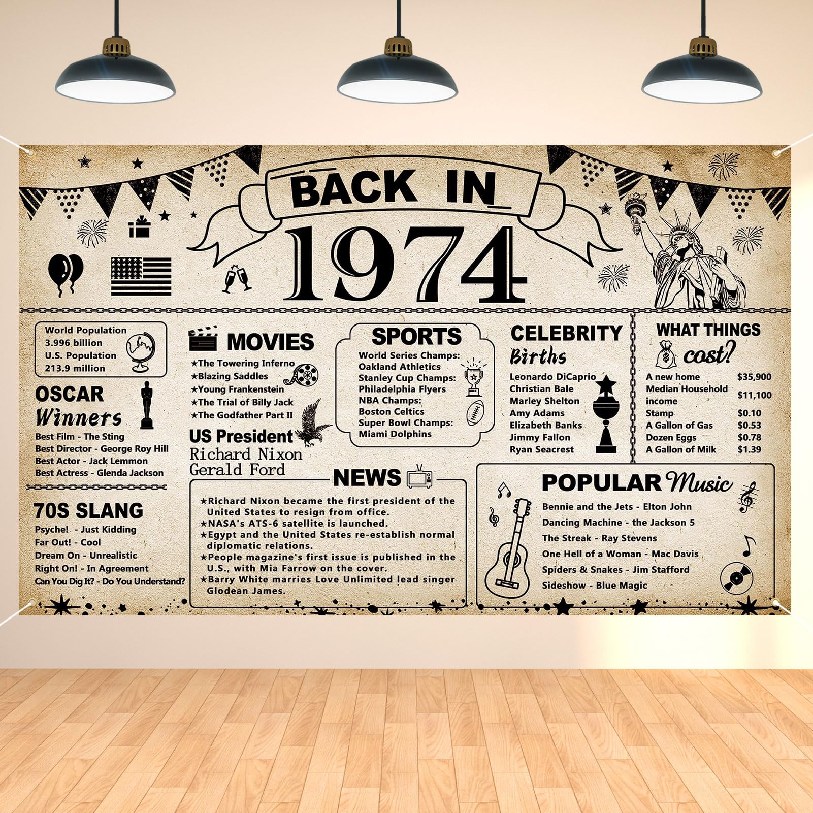 DARUNAXY 50th Birthday Party Decorations, Vintage Back in 1974 Banner 50 Year Old Birthday Party Poster Supplies Vintage 1974 Backdrop Photography Background for Men & Women 50th Class Reunion Decor