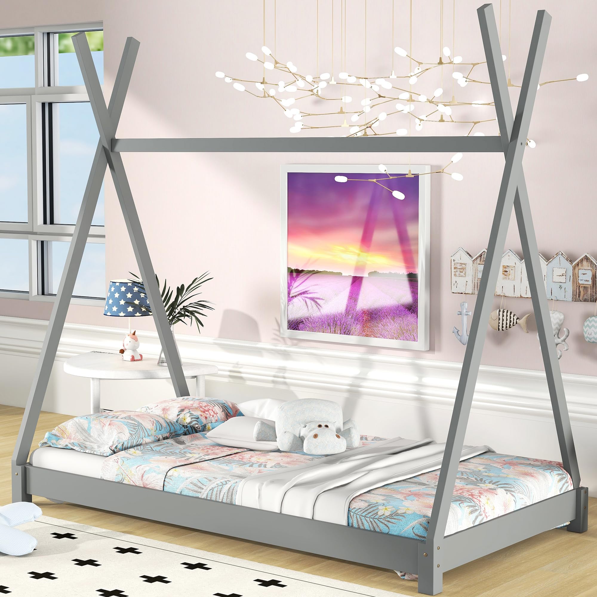 Wood Montessori Floor Bed Frame Twin Size, Twin Floor Bed with Slats and Triangle Structure, Kids Floor Bed Twin Size/Montessori Bed for Kids, Girls, Boys, Twin Bed Frame Gray