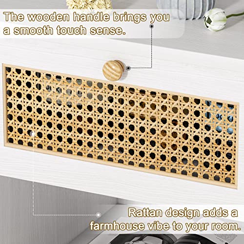 Ecoprsio Nightstands Set of 2 for Bedroom, Boho Bed Side Table with Storage Drawer, Mid-Century Modern Night Stand with Wood Finish and Rattan Drawer, End Table, Sofa Couch Side Table - White