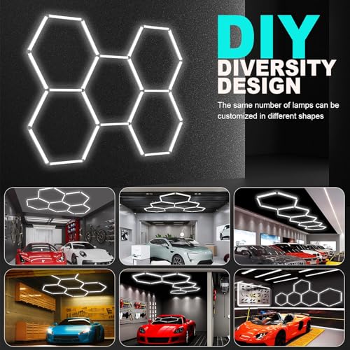 Brivulgent Larger Hexagon Led Lights for Garage Plug in 14 Grid Car Detailing 14 Hex Kit W Border Ceiling Hanging Barber Shop Electric Honeycomb Lighting (25 Pack Kit (8β x 5.5β))