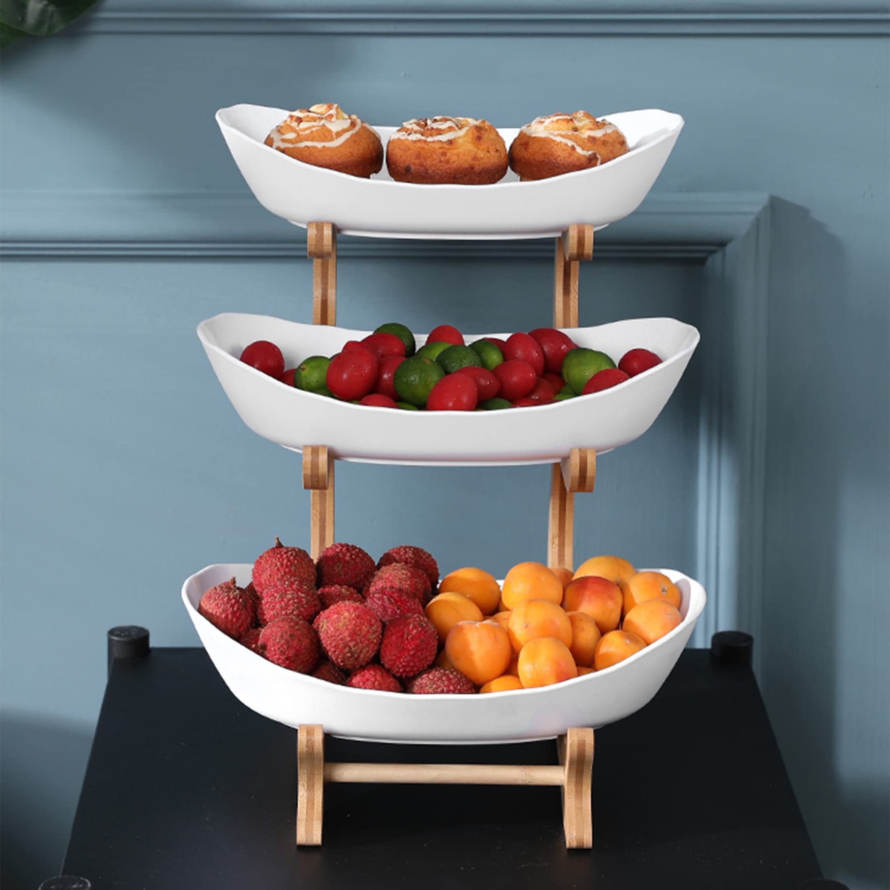 Ceramic Oval Tiered Serving bowls Tray Set,White 3 Tier Ceramic Fruit Bowl with Bamboo Wood Stand for Sushi, Dessert, Fruit, Vegetables, Appetizer, Cake, Candy, Chip Dip (White, 3-Tier)