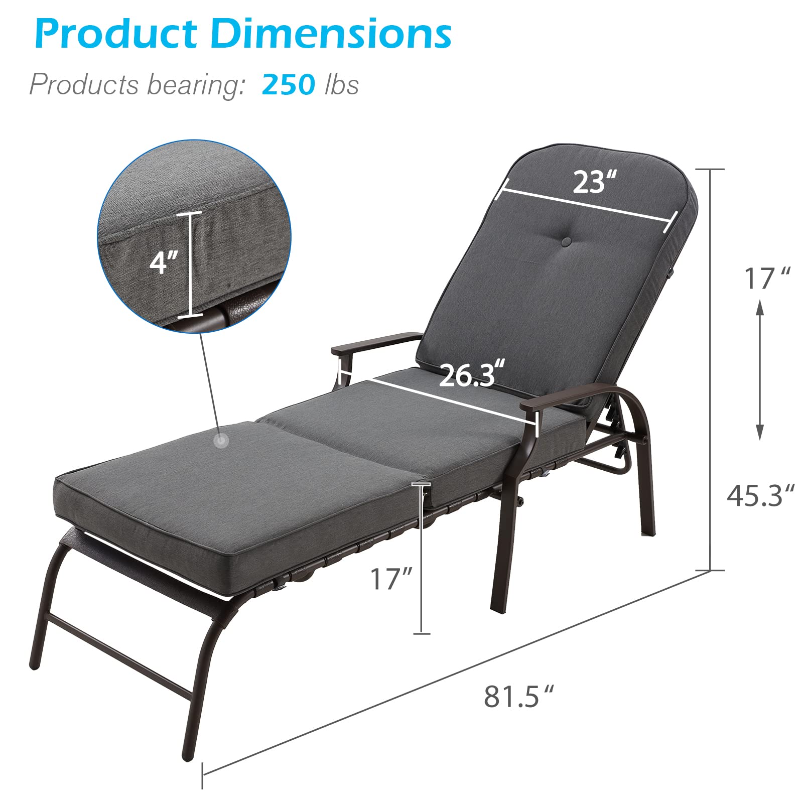 U-MAX Adjustable Outdoor Chaise Lounge Chair Patio Lounge Chair Recliner Furniture with Armrest and Cushion for Deck, Poolside, Backyard (Grey)