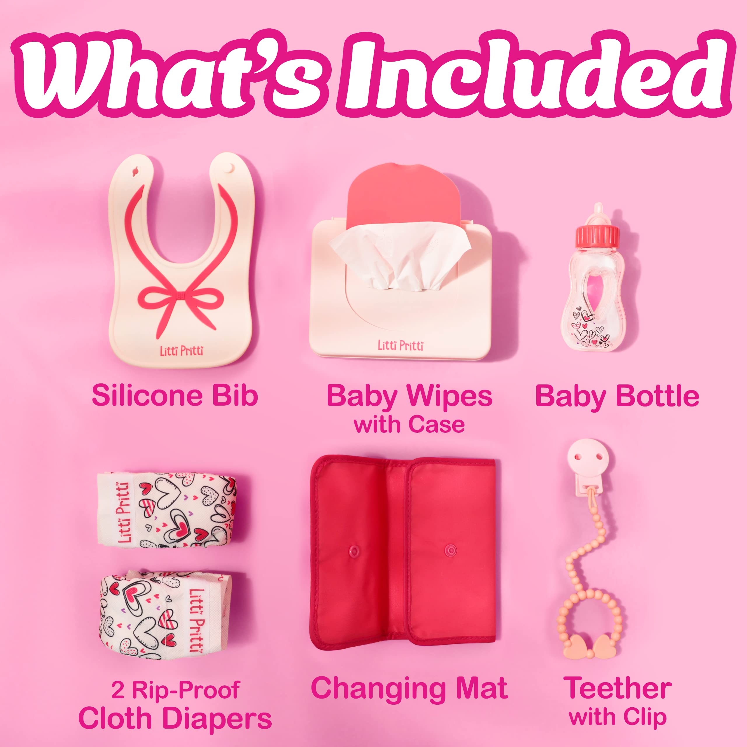 Litti Pritti Baby Doll Accessories Set - 9-Piece Diaper Bag Playset with Baby Doll Diapers, Magic Bottle, Silicone Bib, Wipes, Teether, Changing Pad, and More - Baby Doll Stuff for Ages 3-8 Years
