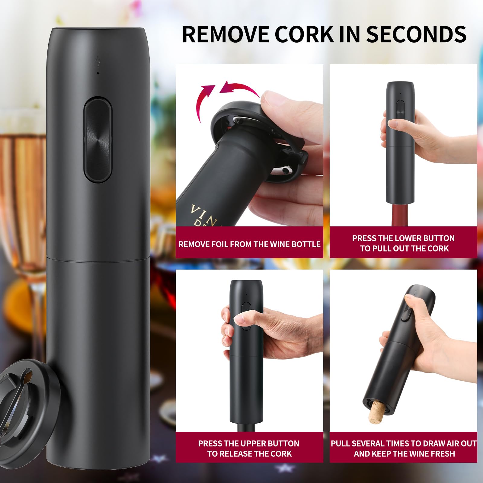 CIRCLE JOY Electric Wine Opener Set 4-in-1 Wine Set with Rechargeable Wine Opener, Rechargeable Wine Aerator Pourer, Foil Cutter and Vacuum Wine Stopper, Gift Set for Wine Lovers, Black
