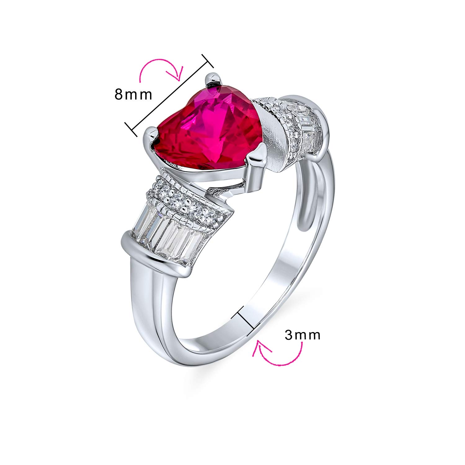 Art Deco Style 2.5CT Red Pink Heart Shape Solitaire CZ Engagement Ring Baguettes Side Stones Simulated RED Ruby .925 Sterling Silver Promise Ring