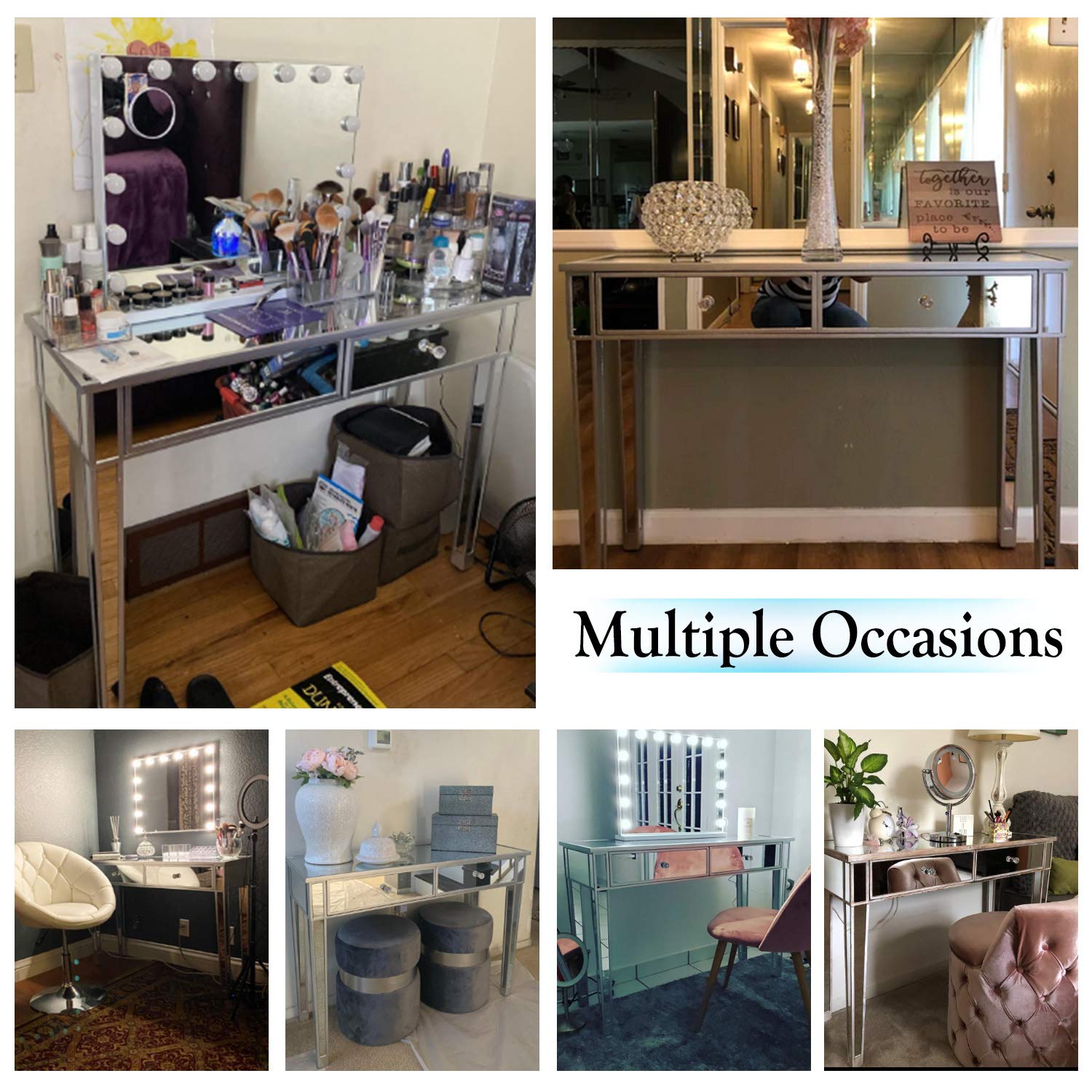 Binrrio Mirrored Console Table, Silver Glass Mirrored Makeup Vanity Table Desk for Women, Writing Desk Media Console Table for Home Living Room Bedroom Office Smooth Finish (Sliver-2 Drawers)