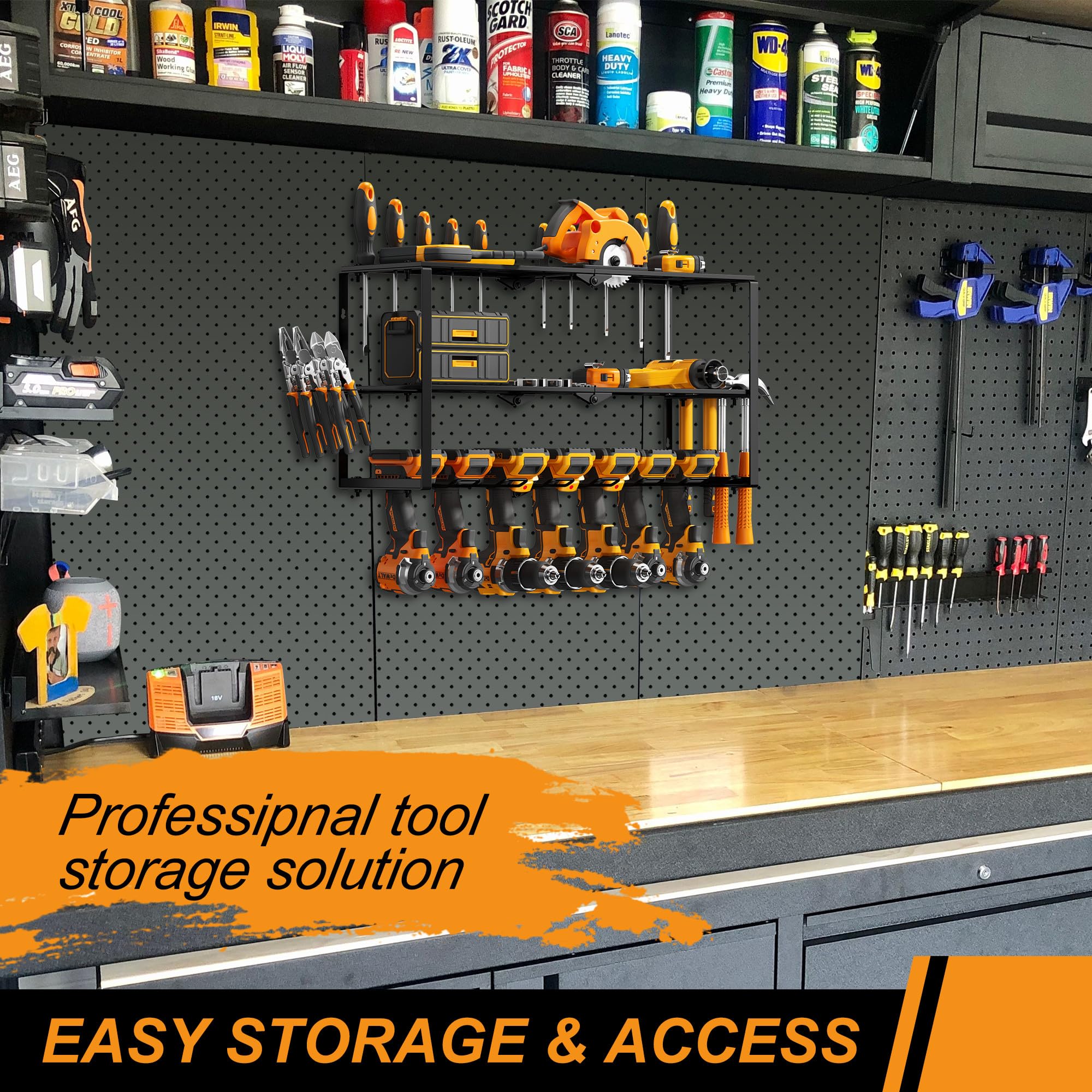 DQAVPFTRE Power Tool Organizer, Garage Tool Organization with 7 Drill Holders, Large Size & Easy Assembly Heavy Duty Metal 3 Layers Tool Shelf for Garage Organization