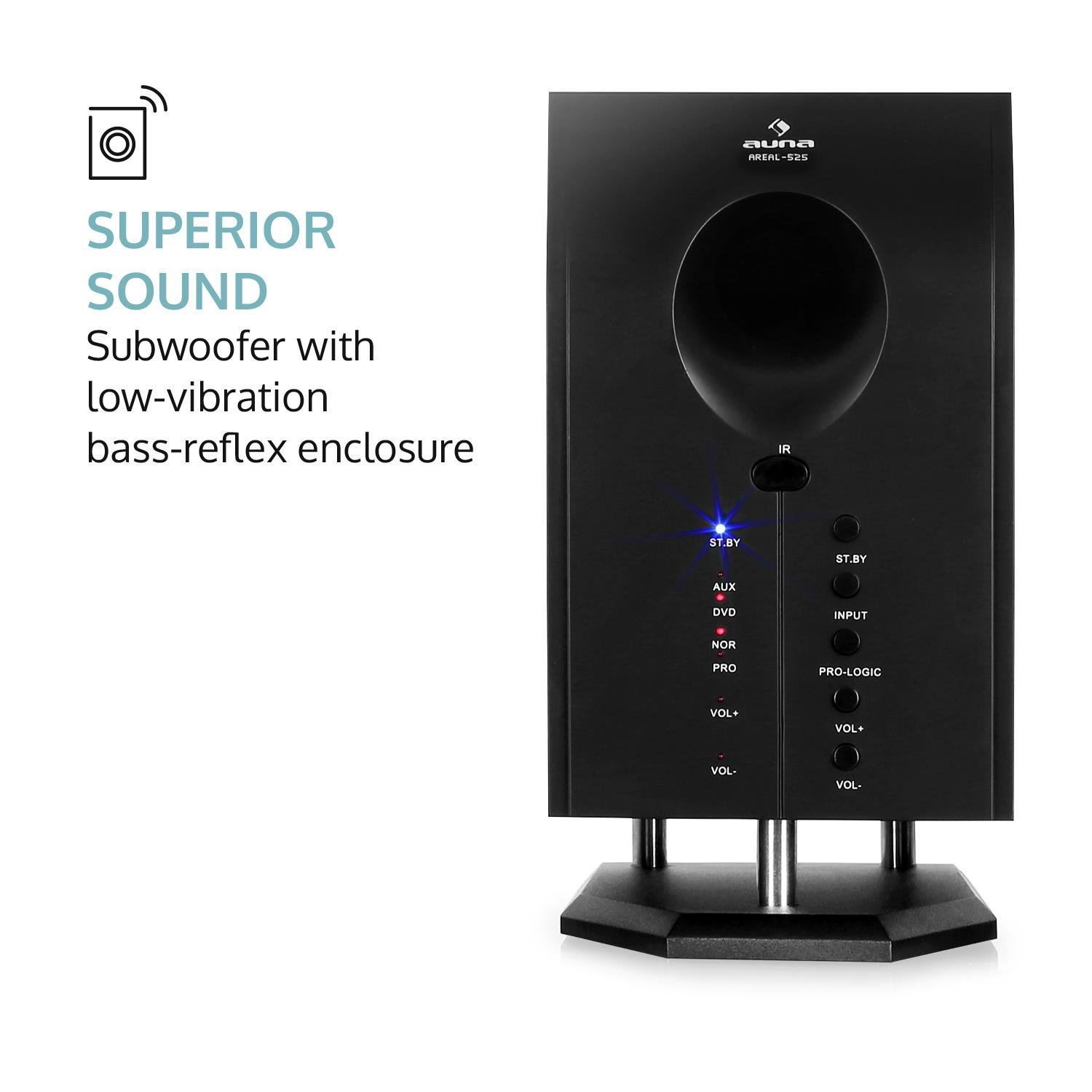 AUNA Areal Active 525-5.1 Surround Sound System, Home Theater System, Elegant Design, Bass Reflex, 5 Satellite Speakers, Bluetooth, USB Port, SD, AUX, Walnut
