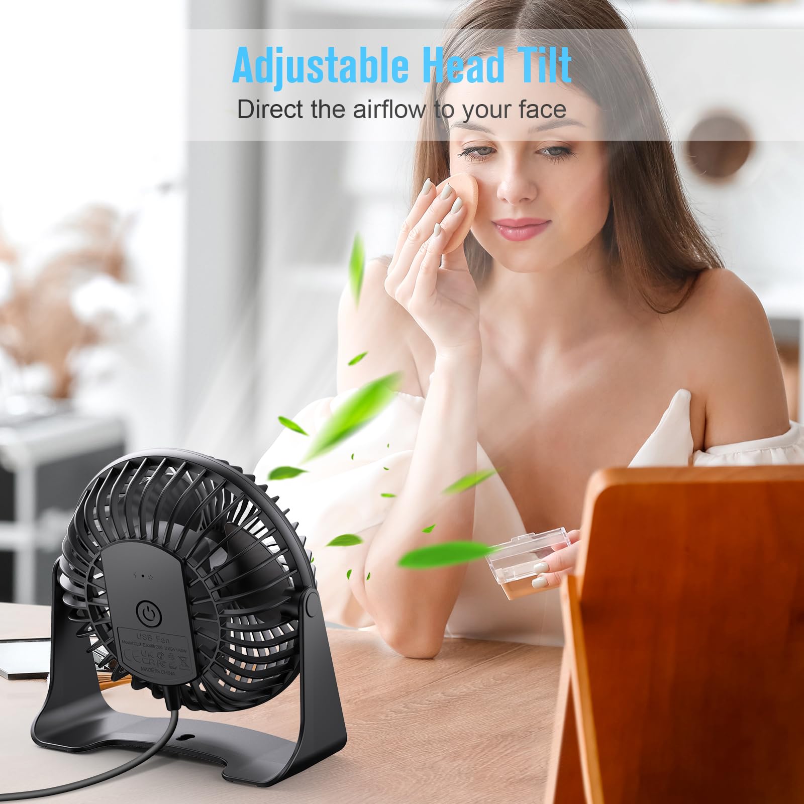 BESKAR USB Small Desk Fan, Portable Fans with 3 Speeds Strong Airflow, Quiet Operation and 360°Rotate, Personal Table Fan for Home,Office, Bedroom - 3.9 ft Cord
