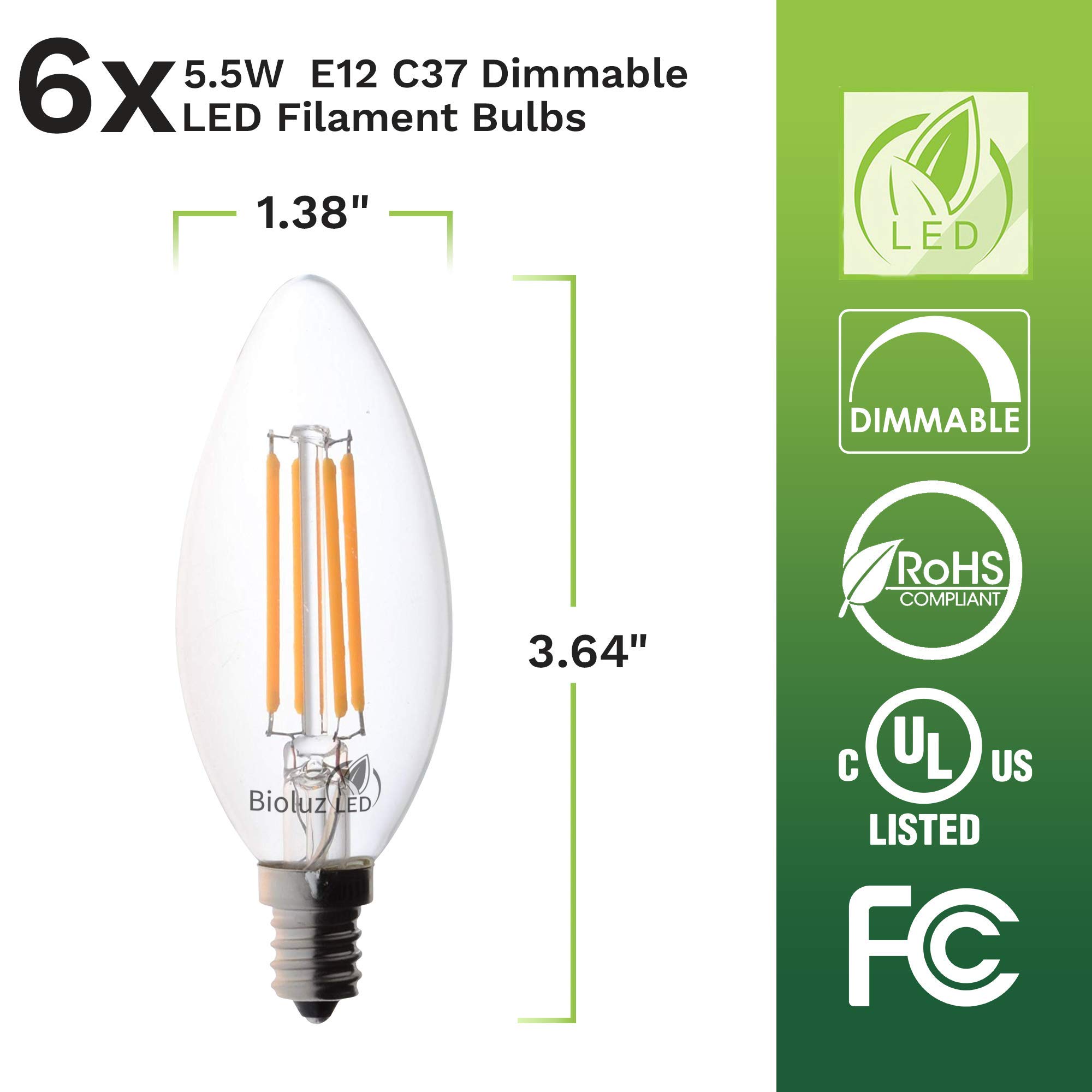 Bioluz LED 92 CRI E12 LED Candelabra Bulbs 60 Watt (5.5W) Warm White 2700K Clear LED Filamament Candle Bulb Dimmable UL Listed Title 20 6-Pack