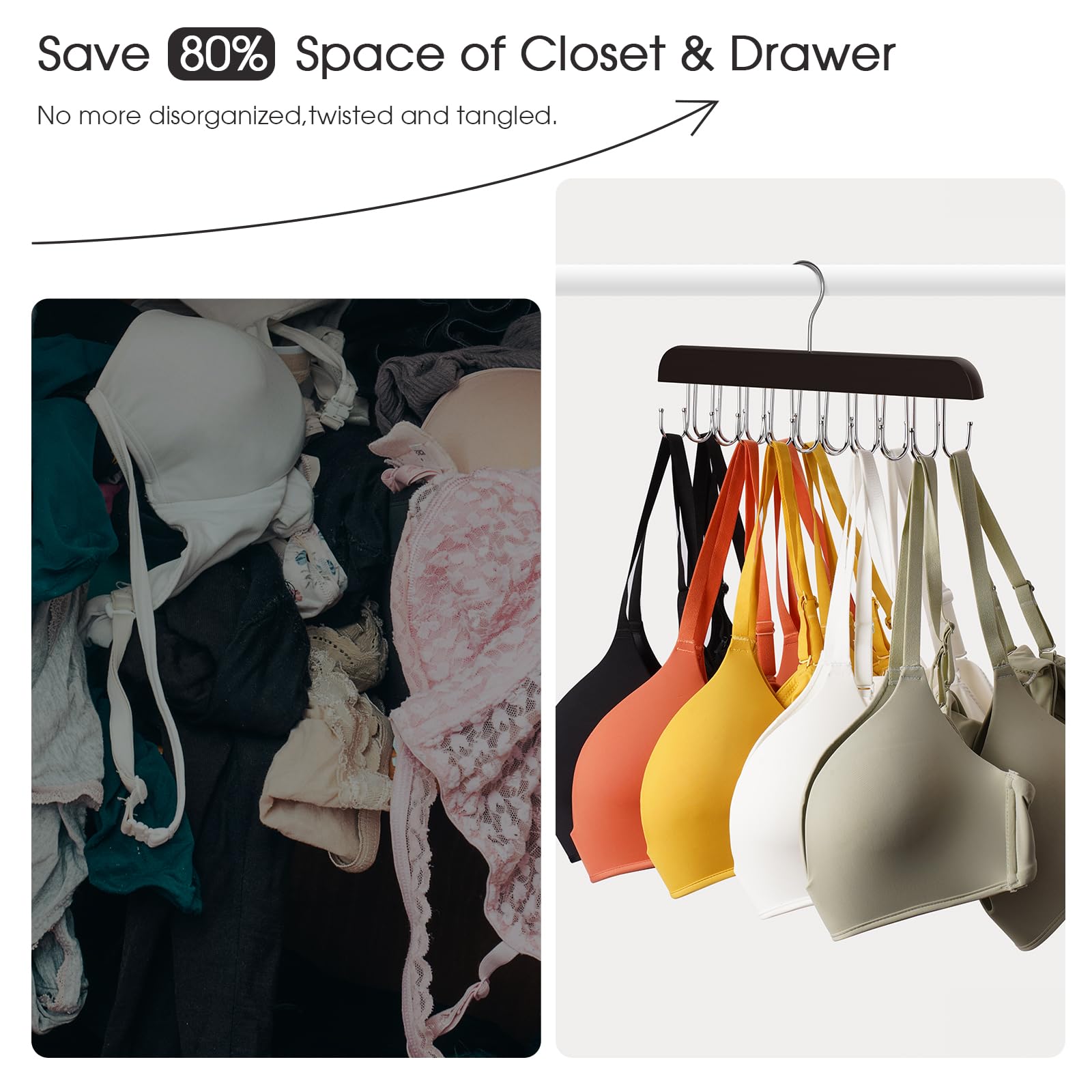 Bra Hanger 20 Hooks,Tank Top Hanger Space Saving,Closet Organizers and Storage,Bra Hangers for Closet Organizer,Organization and Storage for Sport Bras,Camisoles,Bathing Suit,Belt,Tie,etc,1 Pack,Black