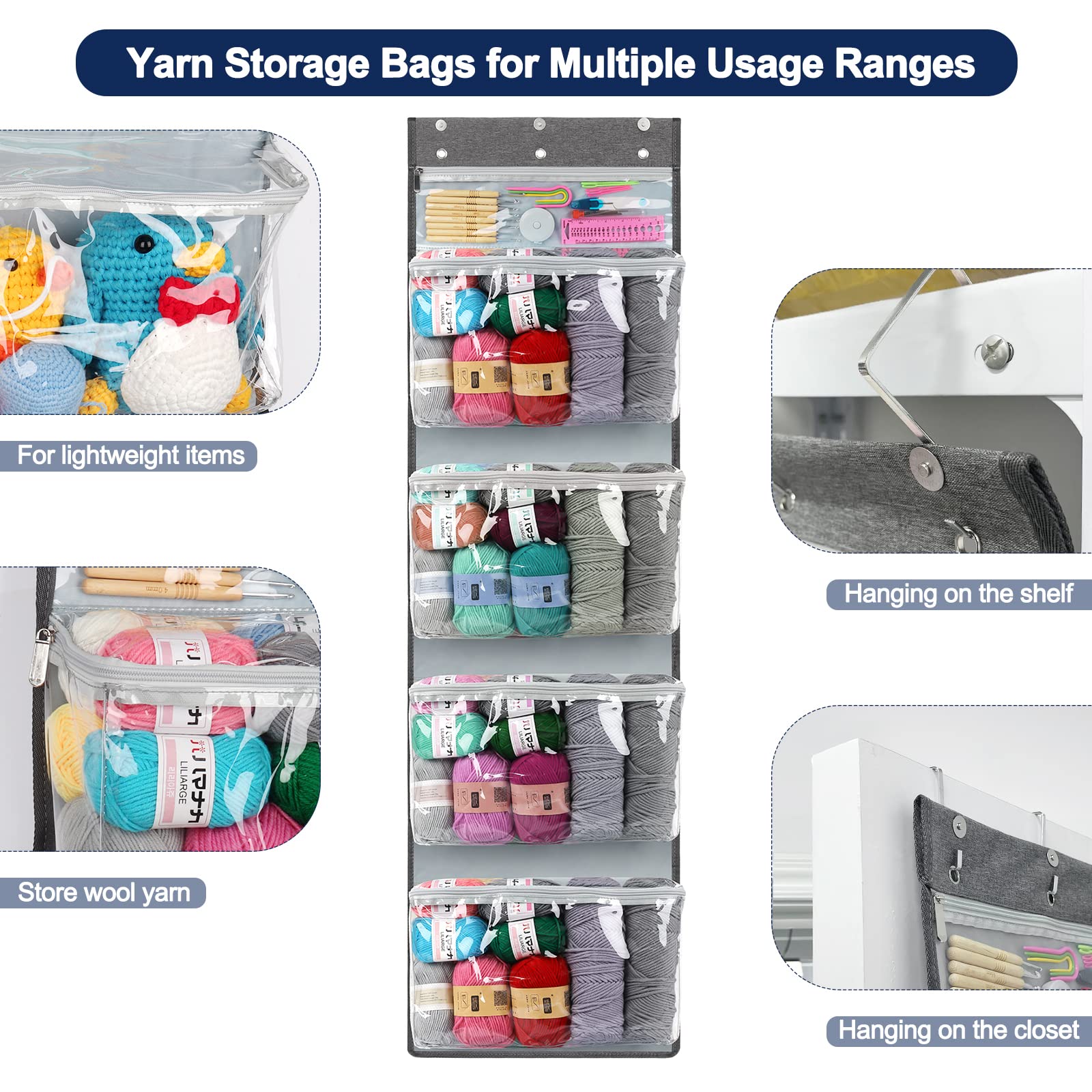 Katech Hanging Yarn Storage Organizer, Large Capacity Knitting Organizer Storage with 5 Zipper Closure Compartments for Yarn Enthusiasts, Hanging Yarn Storage Bag for Crochet Hooks, Yarn Balls