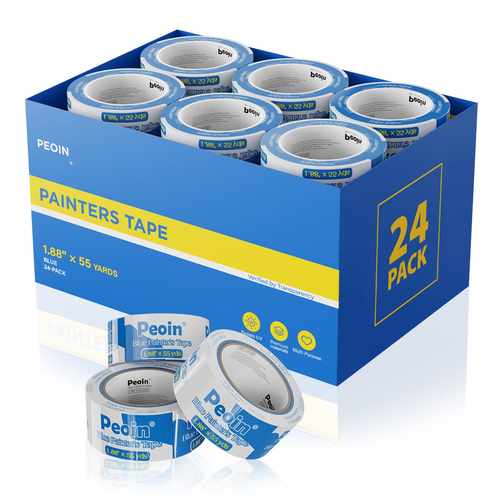 Blue Painters Tape 2 Inch Wide Bulk, 24 Roll Painting Tape Blue Masking Tape for Painting Wall DIY Edge, Paint Tape 1.88 Inch 55 Yards X 24 Rolls (1320 Total Yards)