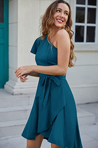 GRACE KARIN Women's One Shoulder Dress Flared Short Sleeve A-Line Cocktail Short Dress for Wedding Guest Teal Blue M