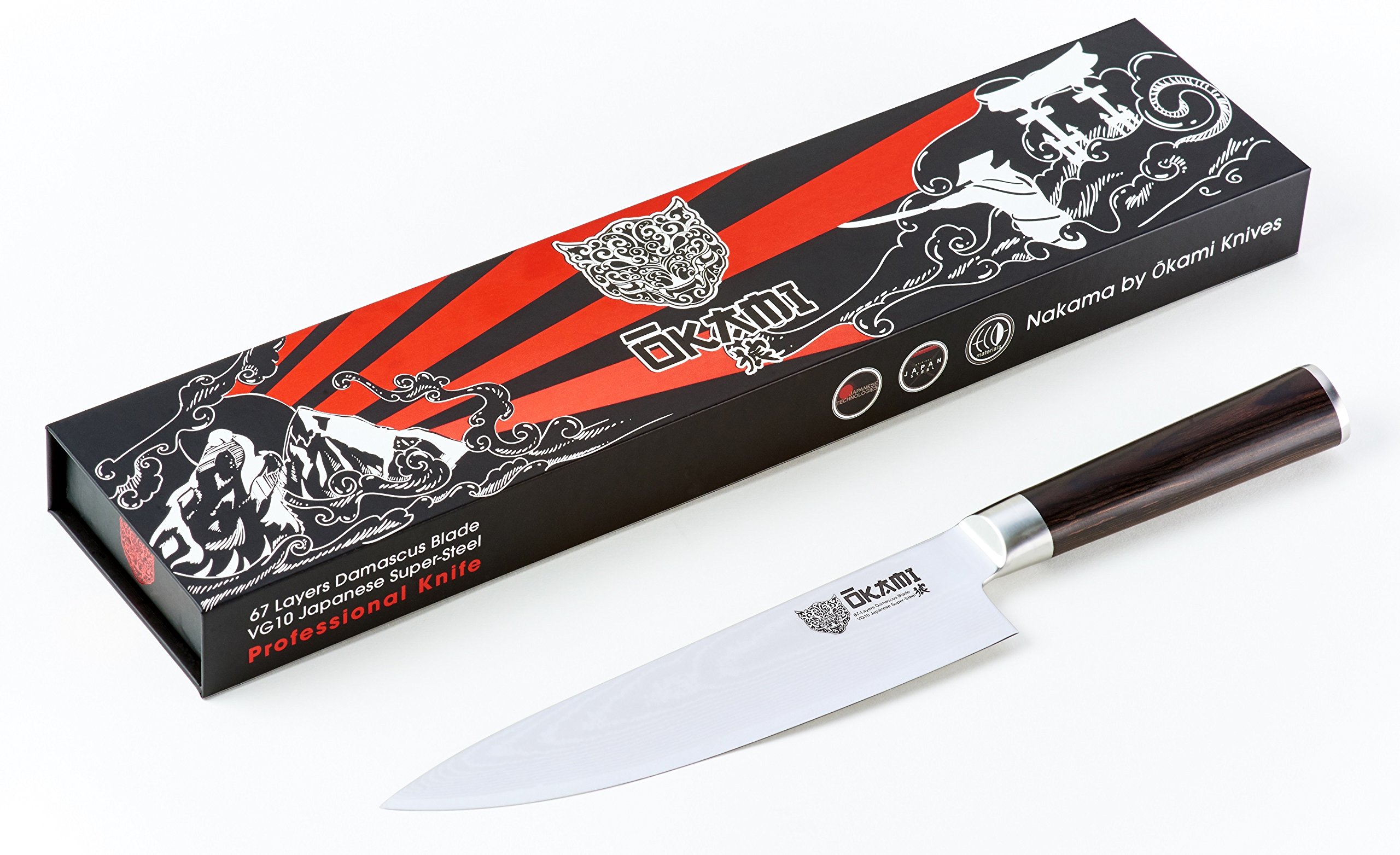 Okami Knives CHEF KNIFE 8" Japanese Damascus Stainless Steel, High Carbon Sharp Kitchen Cutlery, Light & Ergonomic Gyuto
