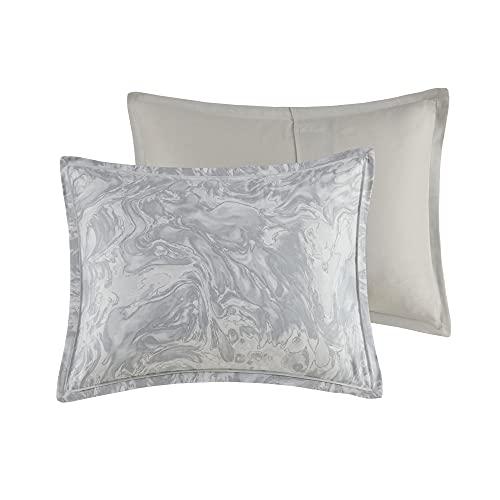 Madison Park Emory Cozy Cotton Comforter Set, Modern Marble Design All Season Down Alternative Casual Bedding with Matching Shams, Decorative Pillows, Queen(90"x90"), Grey 7 Piece